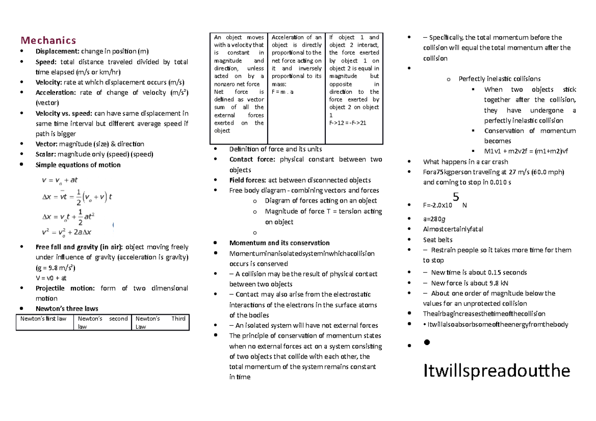 PAN summary with formulas - Mechanics Displacement: change in position ...