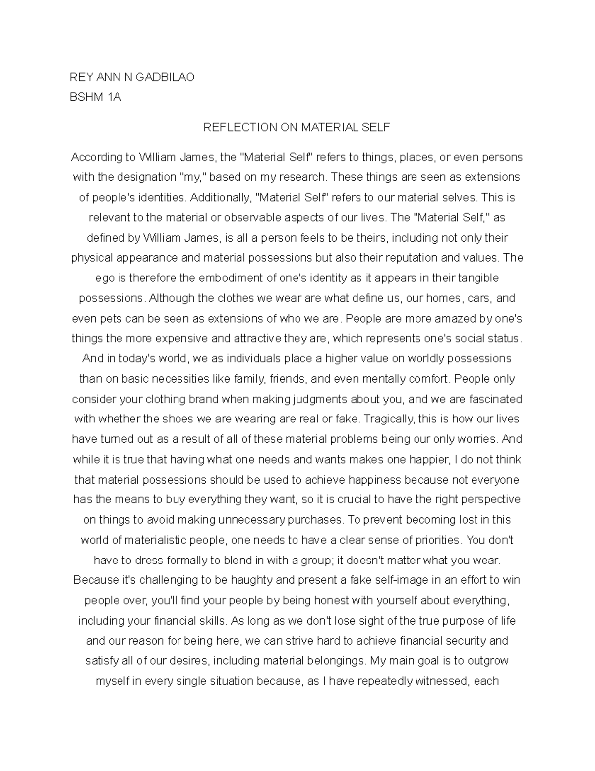 Reflection paper - REY ANN N GADBILAO BSHM 1A REFLECTION ON MATERIAL ...