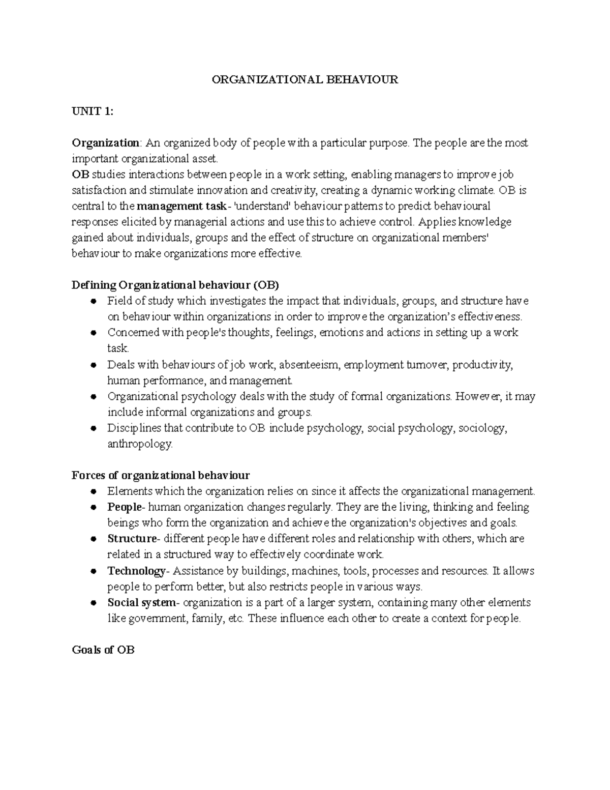 OB Notes - ORGANIZATIONAL BEHAVIOUR UNIT 1: Organization: An organized ...
