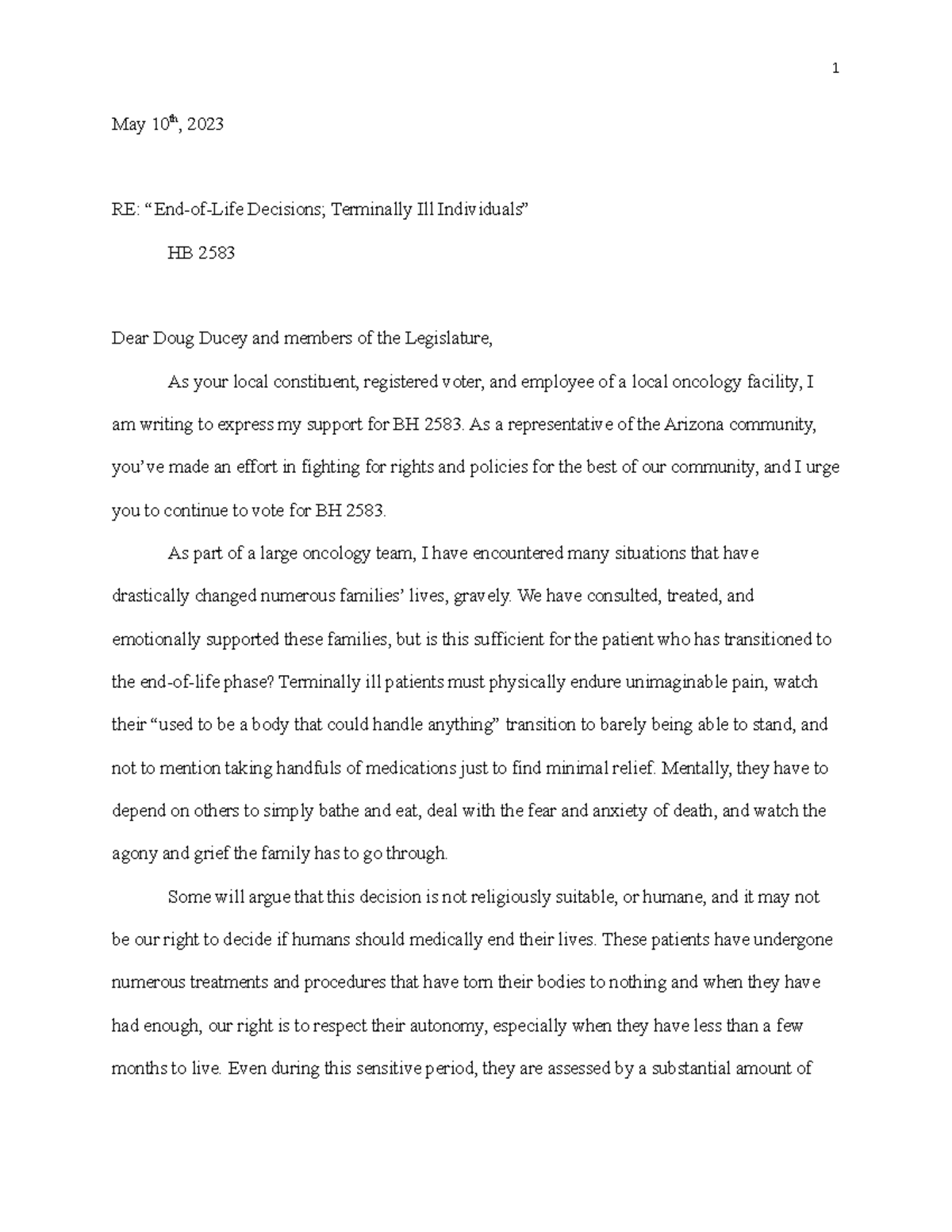 Draft a Letter - 1 May 10th, 2023 RE: “End-of-Life Decisions ...