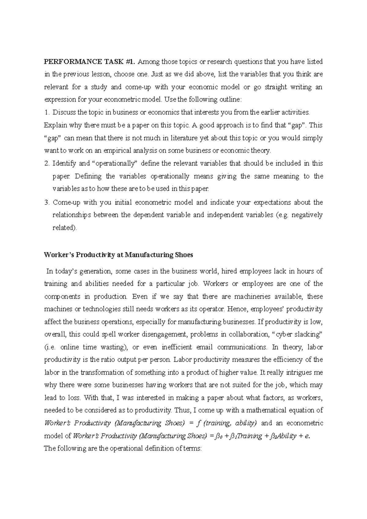 Econometrics Performance Task 1 Performance Task 1 Among Those Topics Or Research Questions