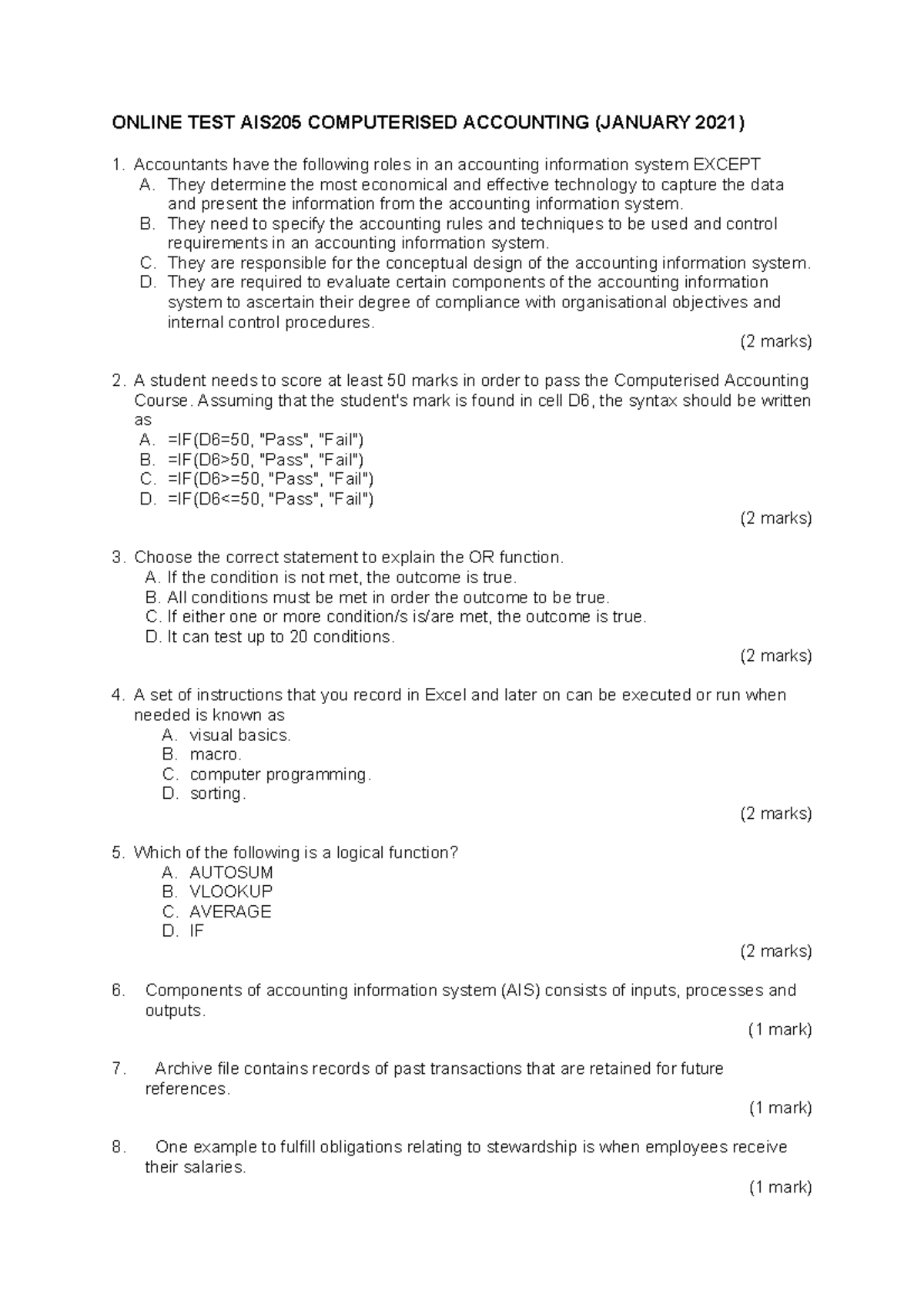 AIS 205 JAN 2021 (CT) - COMMON TEST QUESTION AIS 205 JANUARY 2021 ...