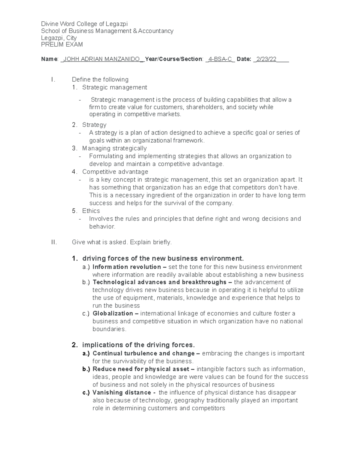 Strategic Management- Prelim - Divine Word College of Legazpi School of ...