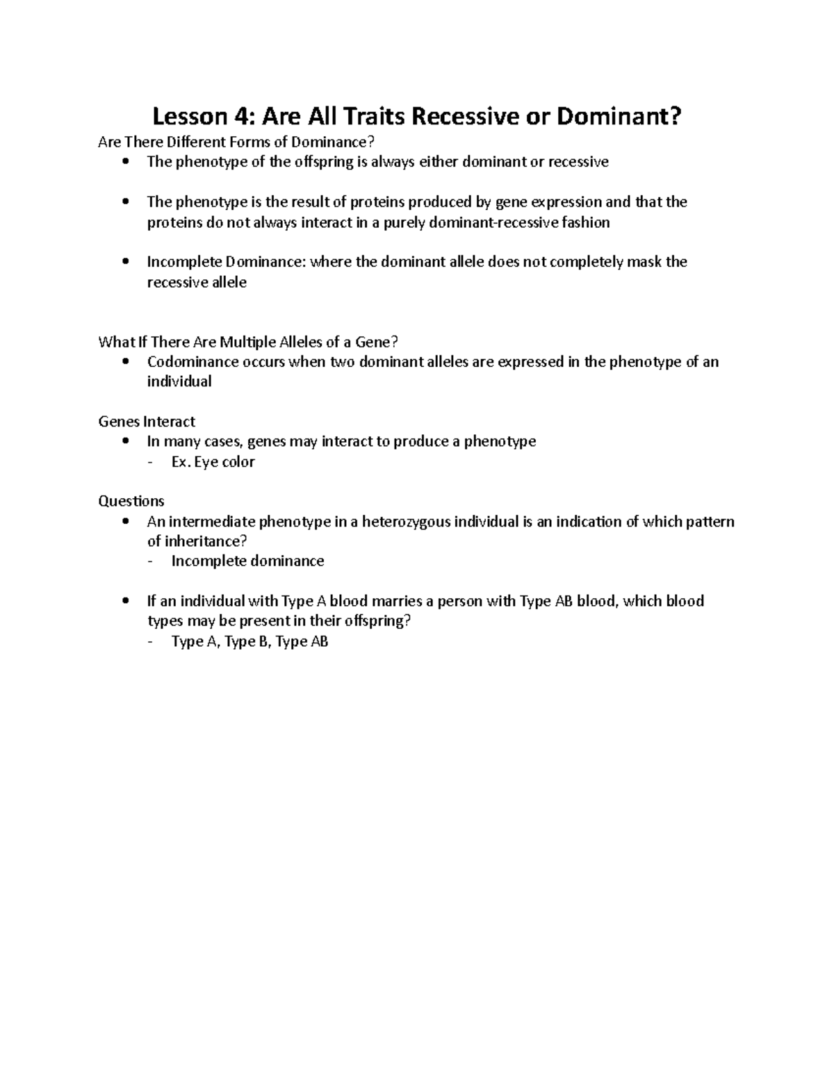 Lesson 4 Are All Traits Recessive or Dominant - Lesson 4: Are All ...