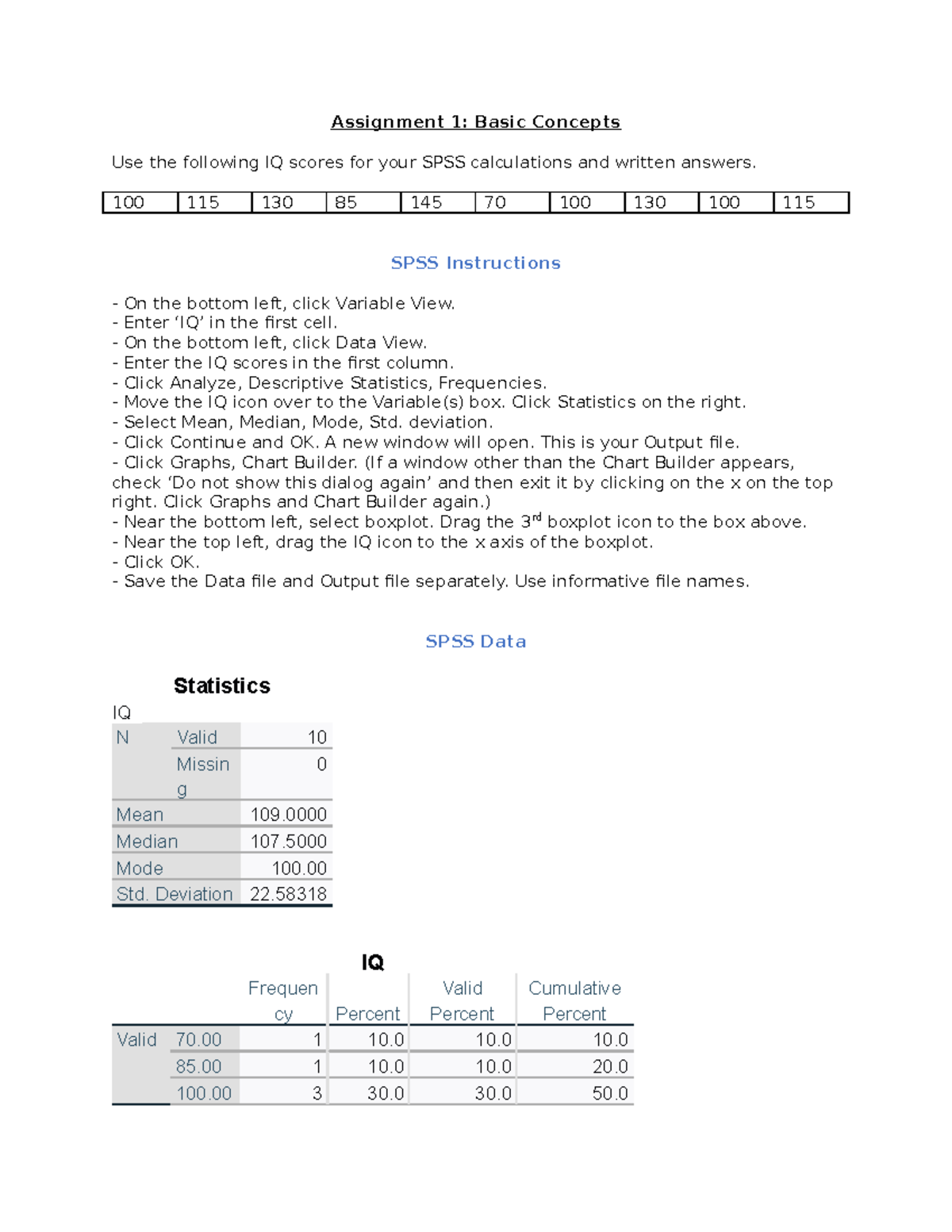 Assignment 1 Handout - Assignment 1: Basic Concepts Use the following IQ scores for your SPSS ...