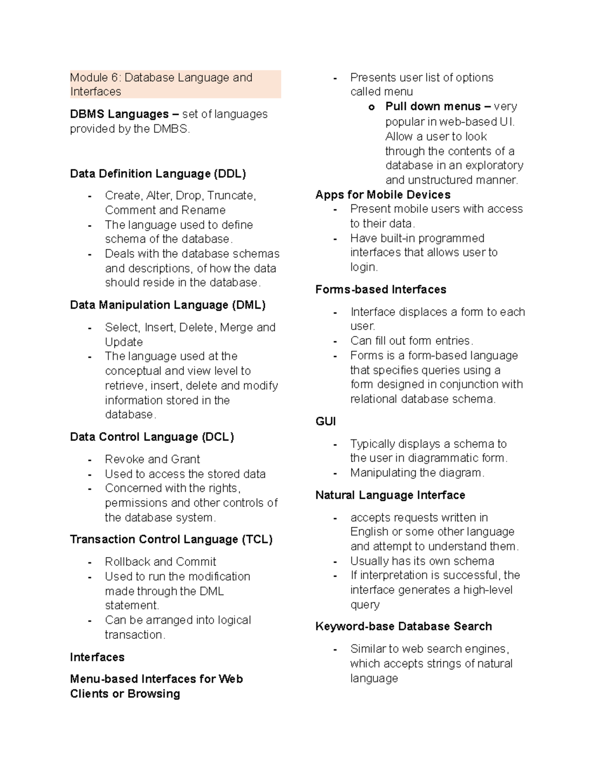 M5,6 and 7 - Simple reviewer - Module 6: Database Language and ...