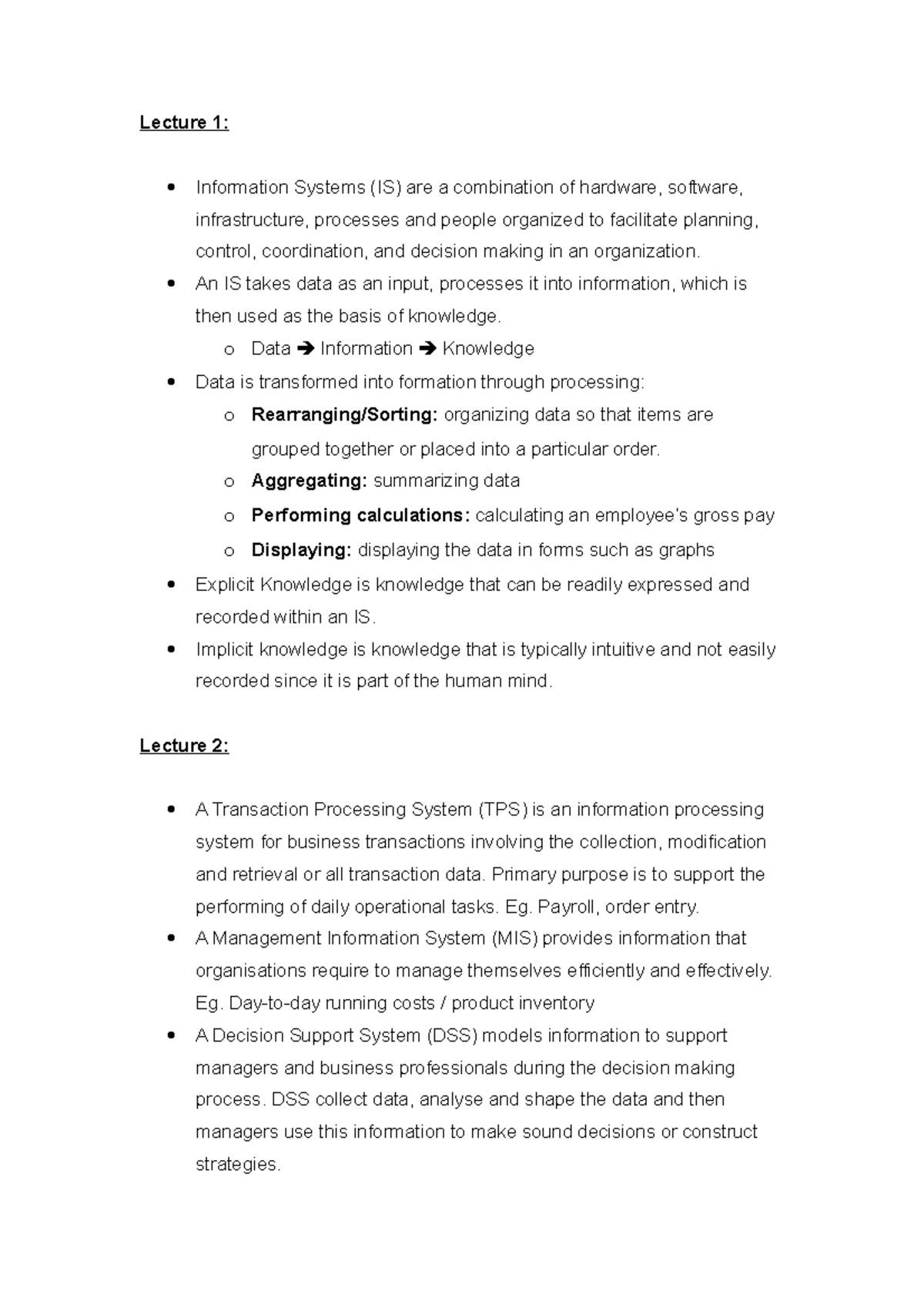 COMM113 Notes - Lecture 1: Information Systems (IS) are a combination ...