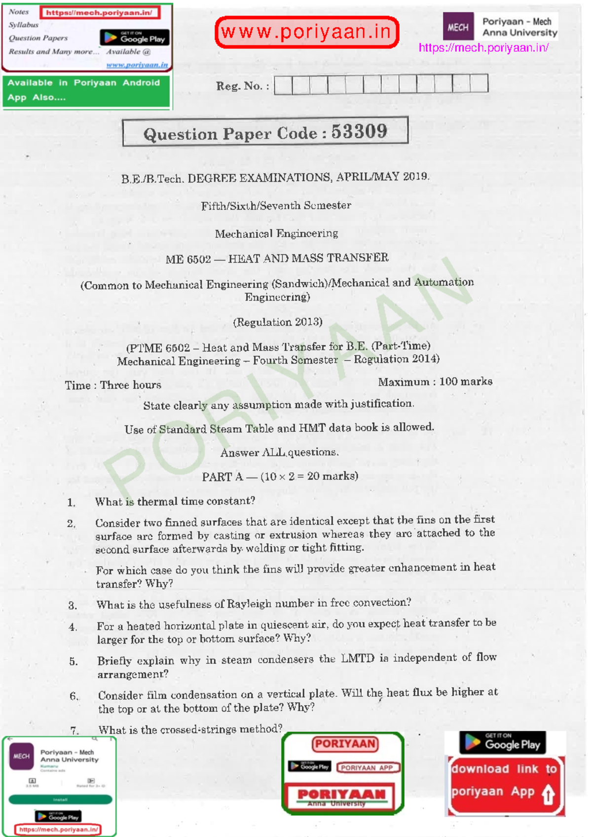ME3691 Heat and Mass Transfer Reg 2021 April May 2019 Question Paper ...