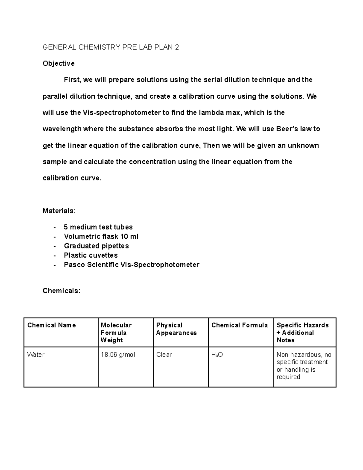 Prelab Technique 2 Plan - GENERAL CHEMISTRY PRE LAB PLAN 2 Objective ...