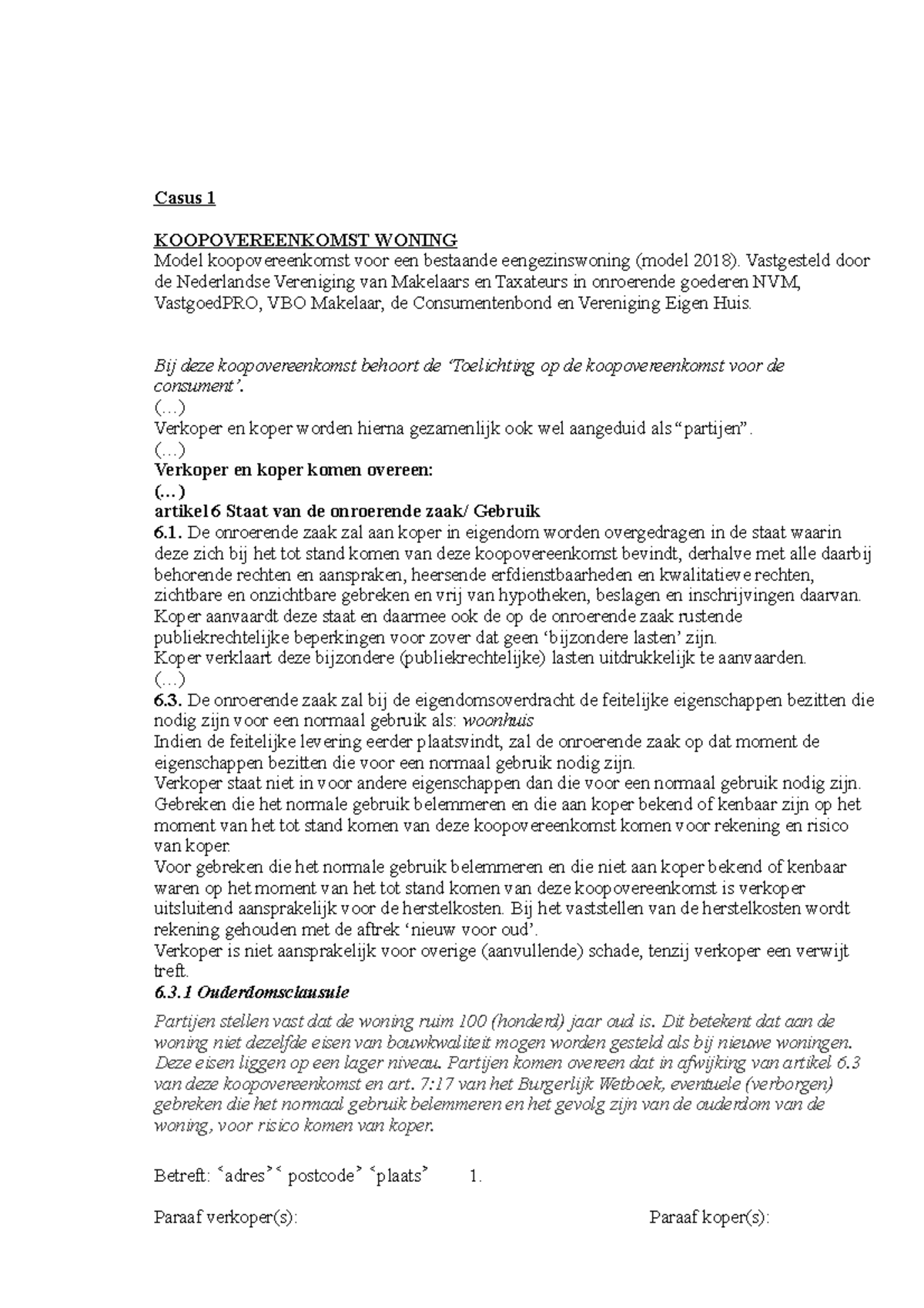 Casus 1 Mootcourt notarieel recht 2018 2019 - Casus 1 KOOPOVEREENKOMST ...