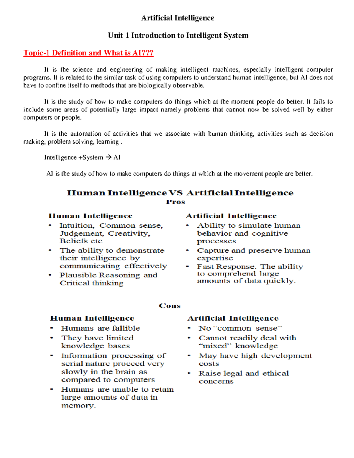 AI notes - Artificial Intelligence Unit 1 Introduction to Intelligent ...
