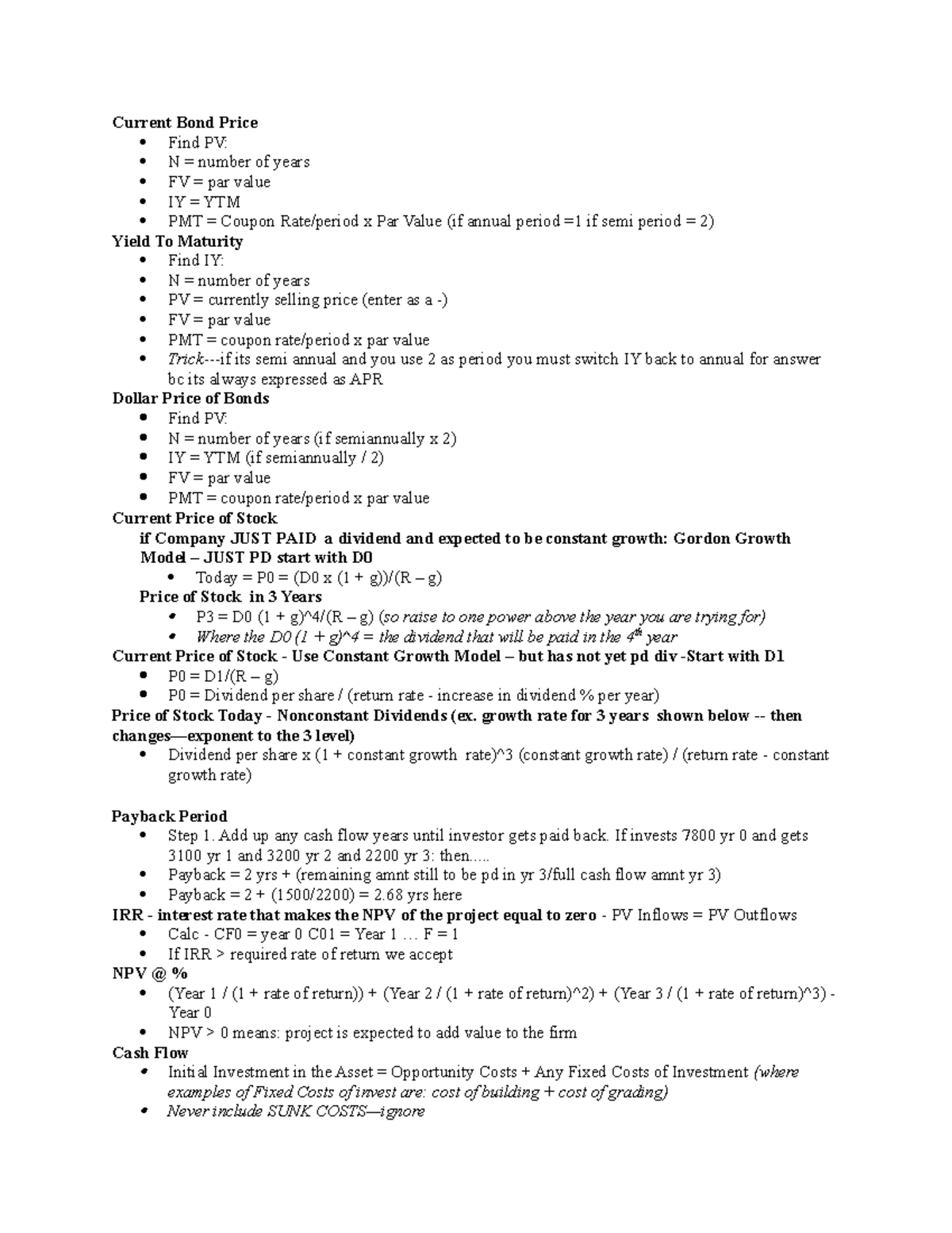 Fin test 2 cheat sheet - chapter outlines - Current Bond Price Find PV ...