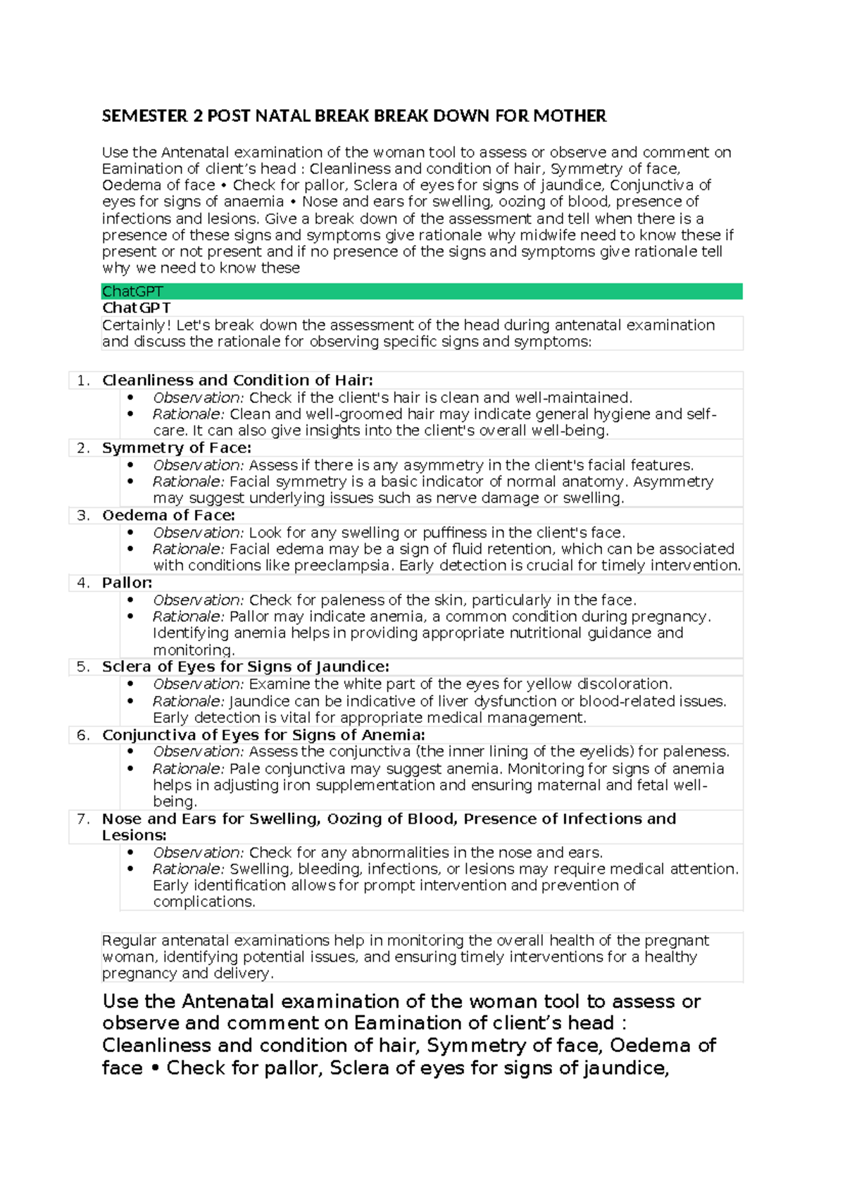 POST Natal Break Check list for postnatal Mother - SEMESTER 2 POST ...