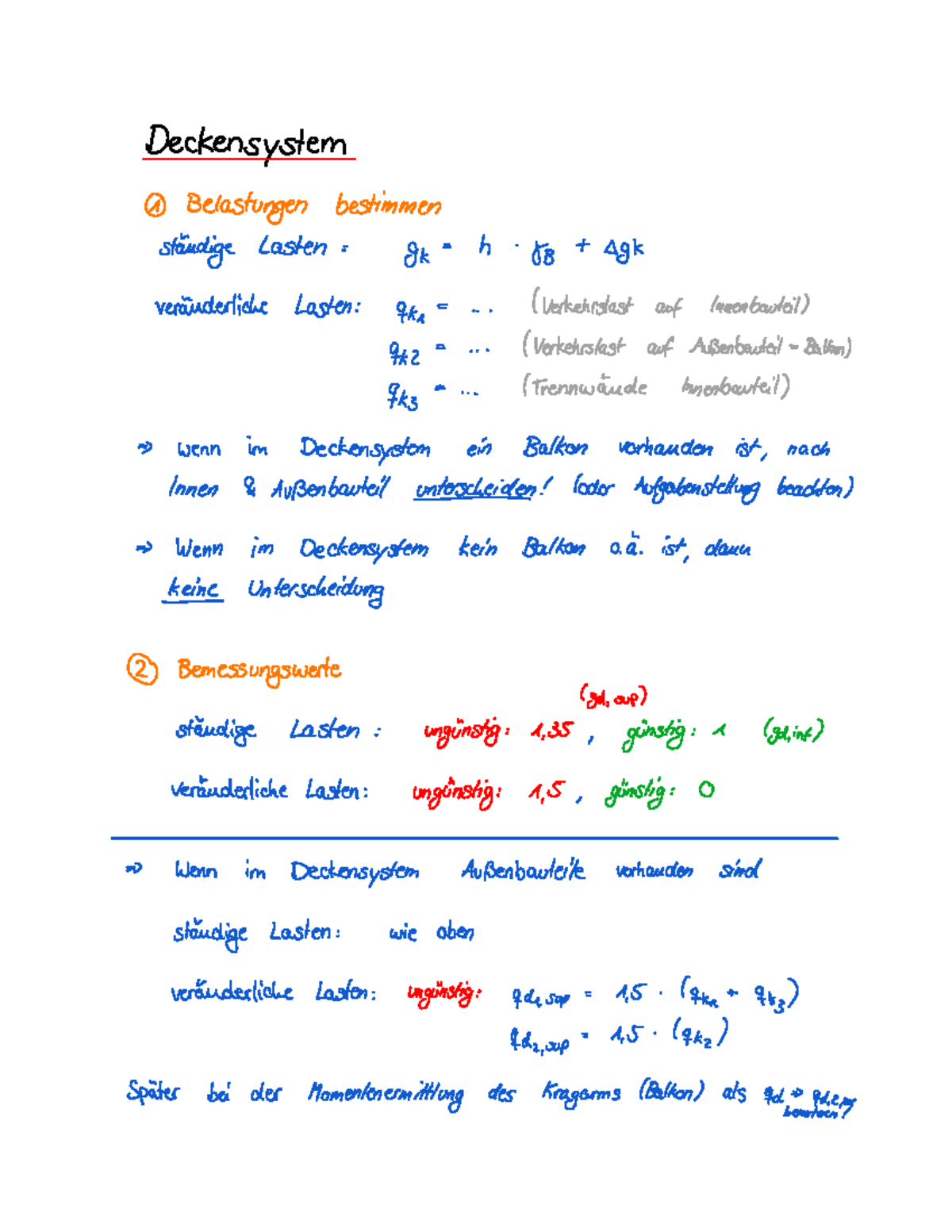 Betonbau 2 - Formelsammlung - Datensystem Belastungen bestimmen ständige Lasten g h ß t Dgk ...