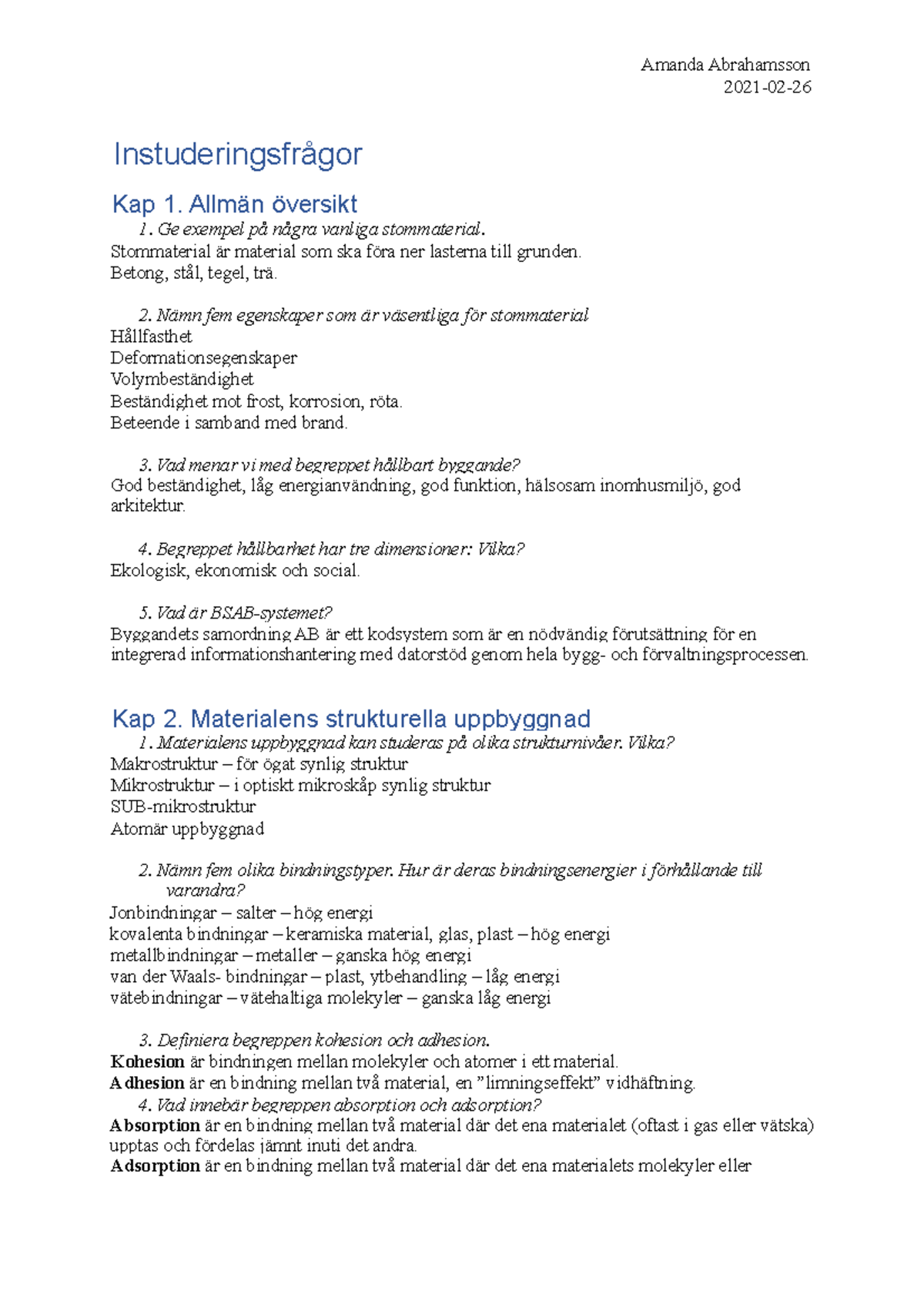 Instuderingsfrågor, bygg - LAGB01 - Lunds Universitet - Studocu