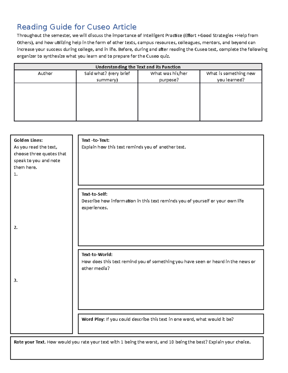 Cuseo Text Organizer - Reading Guide for Cuseo Article Throughout the ...