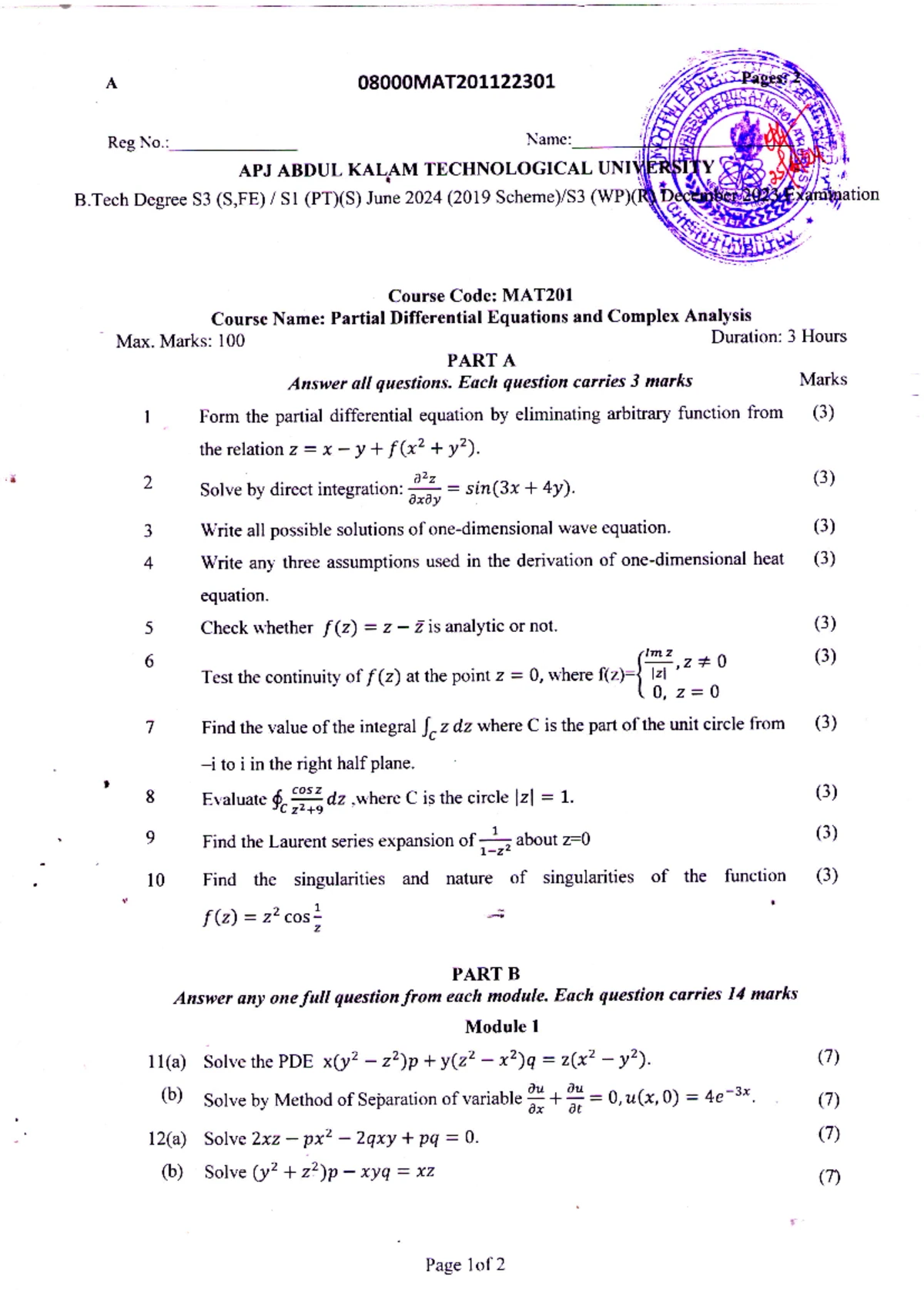 MAT201 Partial Differential Equations AND Complex Analysis, December ...