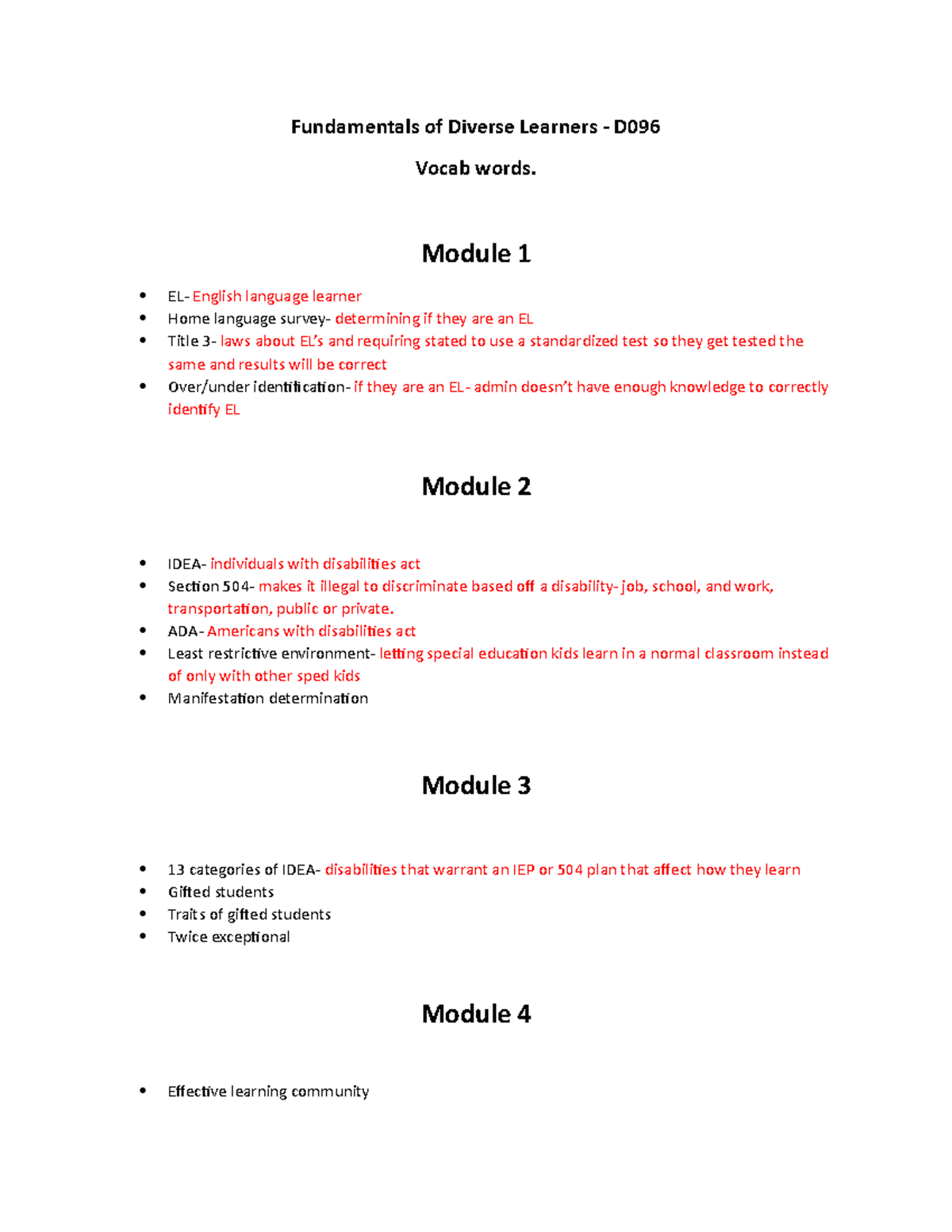 Vocab words - Module 1 EL- English language learner Home language ...