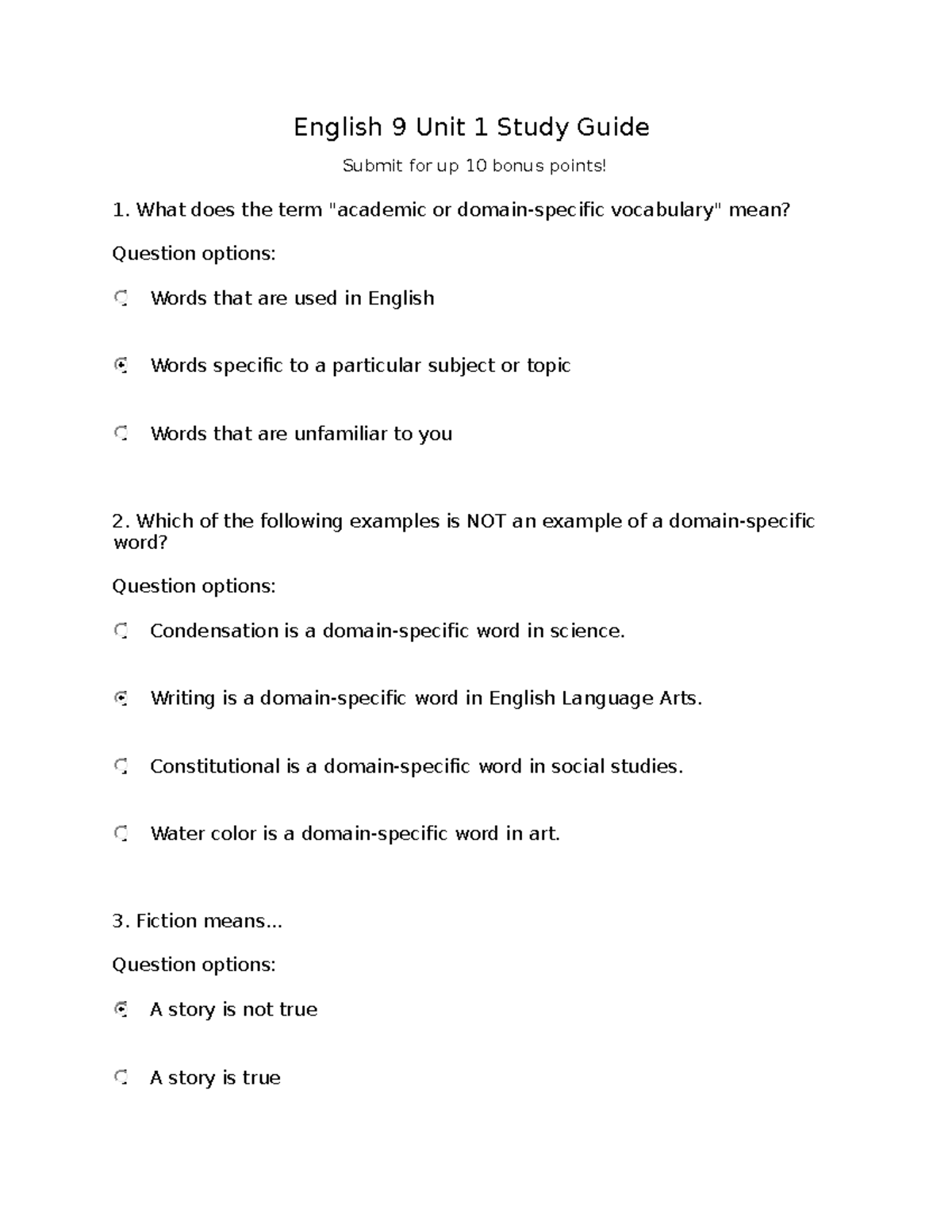 Semester 1 Unit 1 Study Guide - English 9 Unit 1 Study Guide Submit for ...