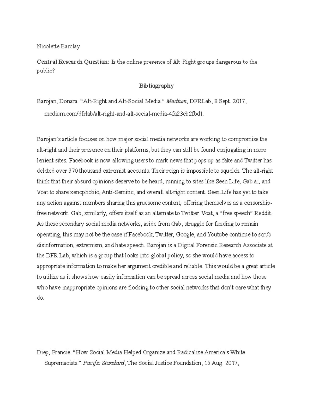 Copy of Annotated Bibliography - Nicolette Barclay Central Research ...