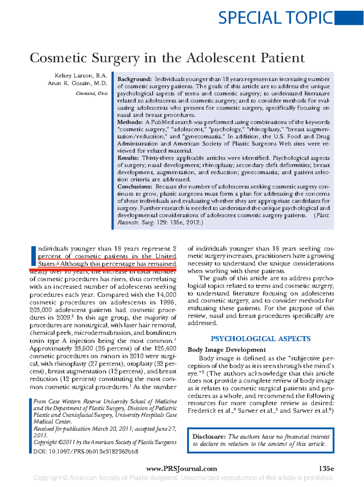 Cosmetic Surgery in the Adolescent Patient - SPECIAL TOPIC Cosmetic ...