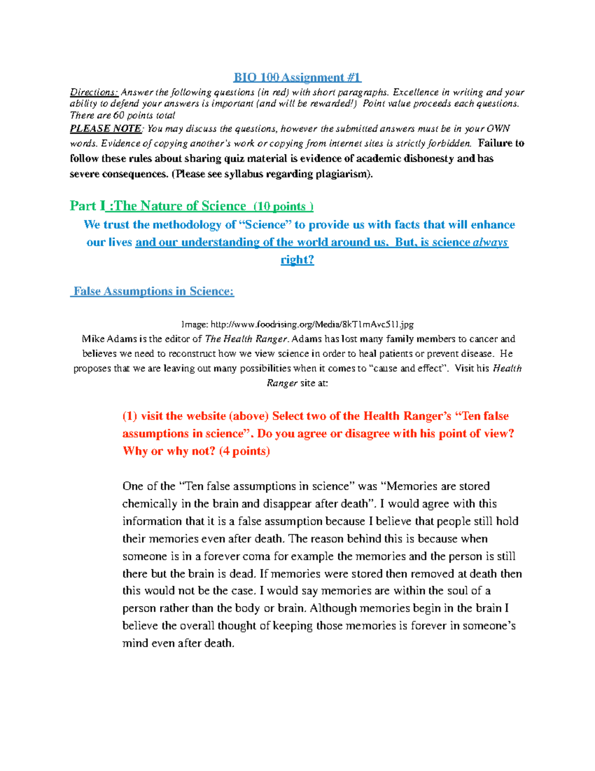 Lab #1 The Nature of Science - BIO 100 Assignment # Directions: Answer ...