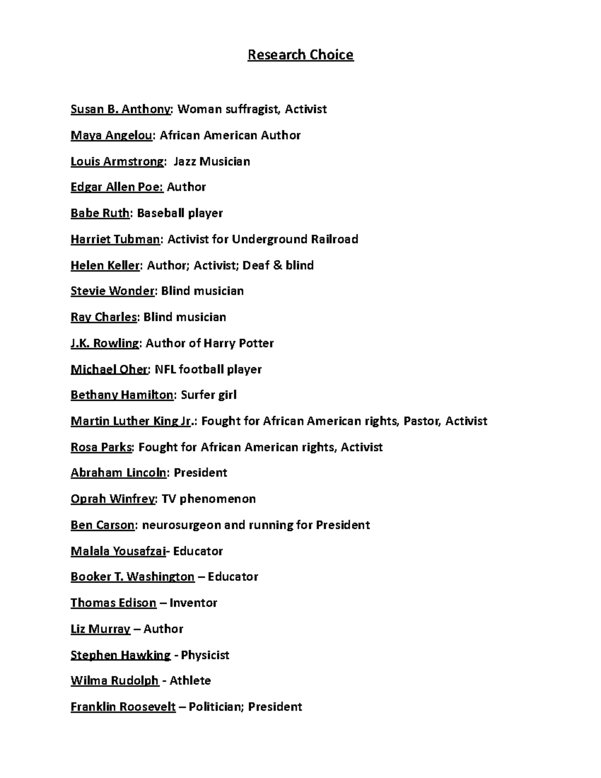 Research Choice for Biography Project List - Research Choice Susan B ...