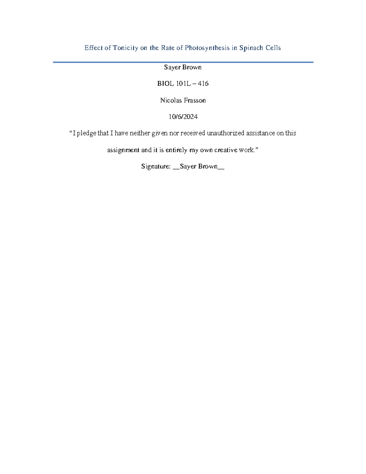 Lab Report- Sayer Brown - Effect of Tonicity on the Rate of ...