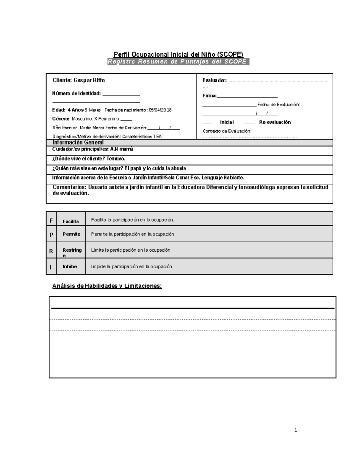 Scope -Pauta para aplicar - 1 Perfil Ocupacional Inicial del Niño (SCOPE) Registro Resumen de ...