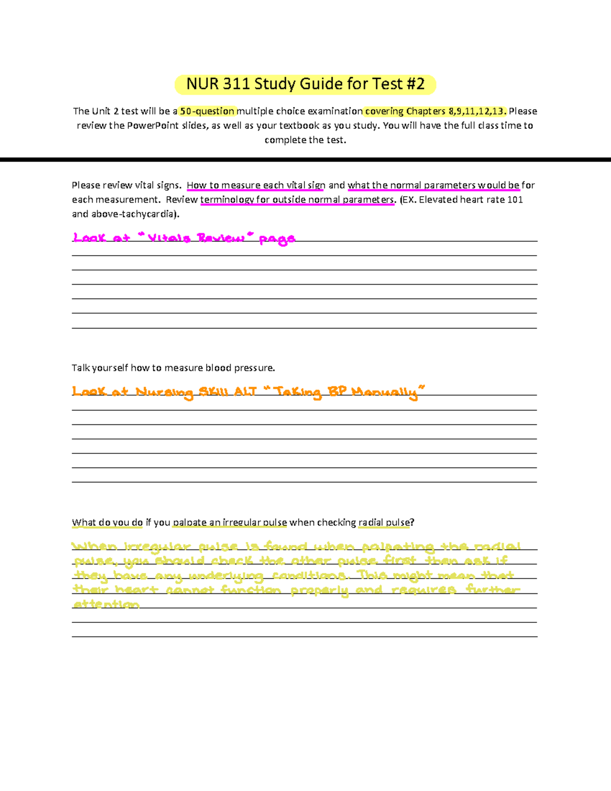 Health Assessment Study Guide Test 2 - NUR 311 Study Guide for Test The ...