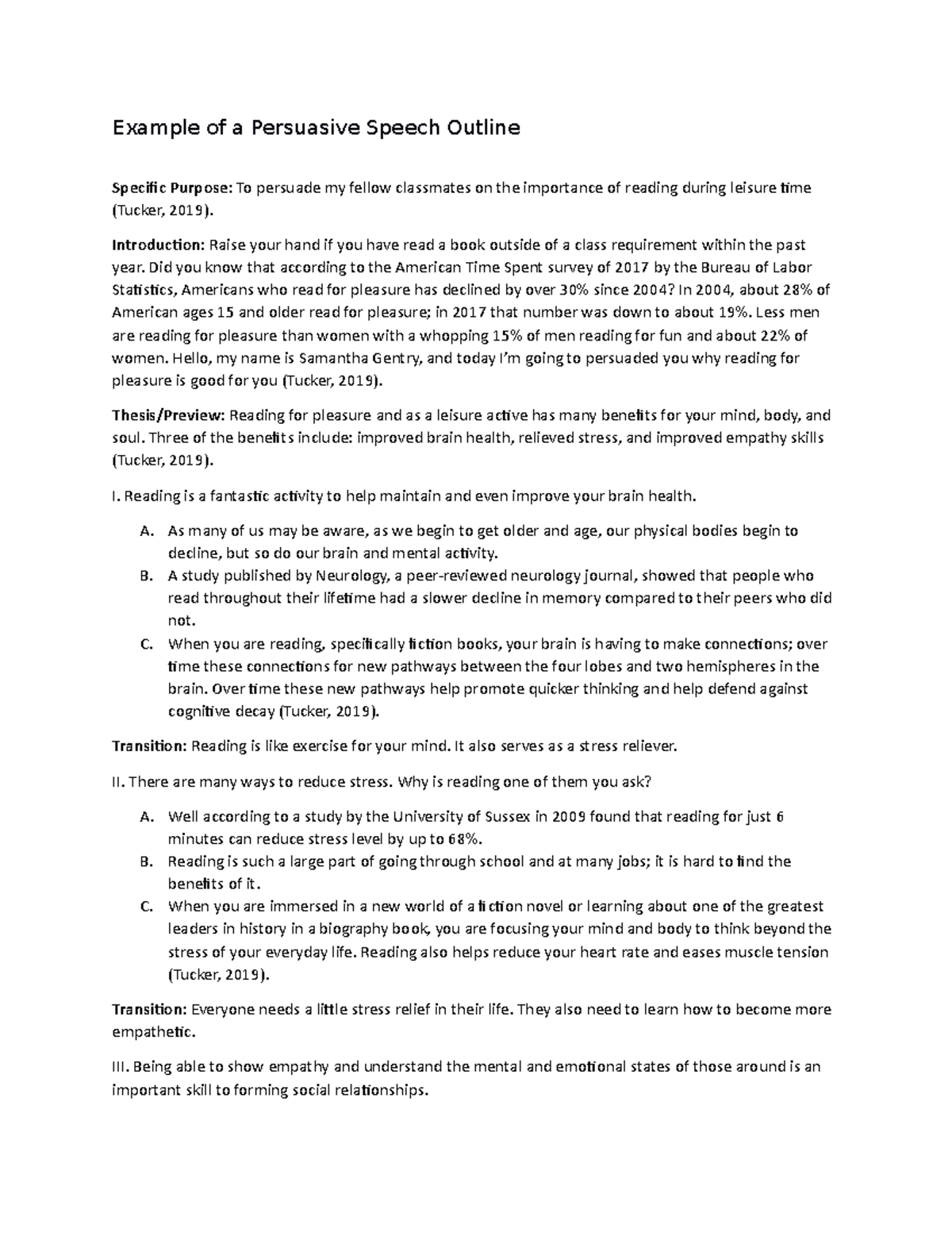 Unit 6 Assignment Sample Outline Persuasive Speech - Example of a ...