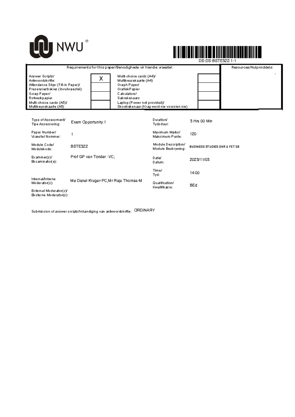 BSTE322 dl Paper 1Dec2023 - Type of Assessment/ Tipe Assessering ...