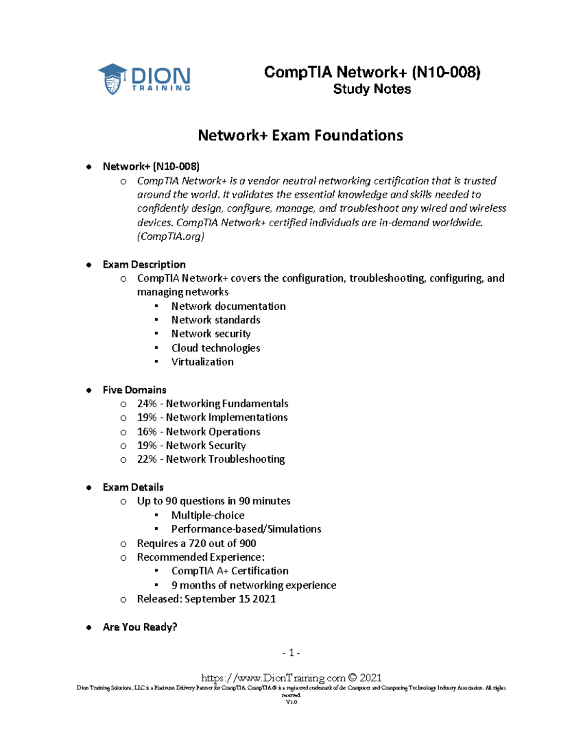 Networks+ NIH 008 Study Sheet - 1 - DionTraining © 2021 Dion Training ...