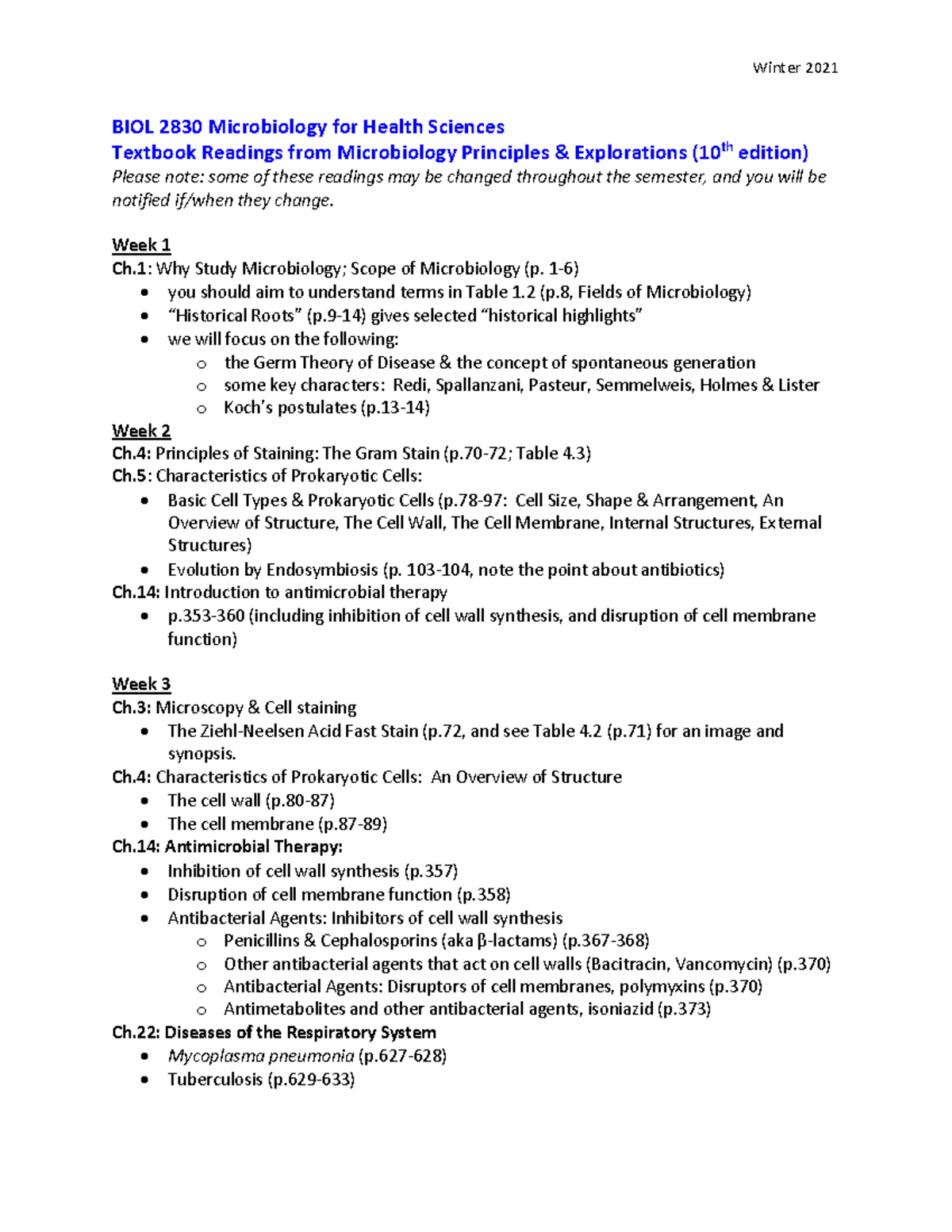 BIOL2830 Readings from 10th ed for2021 - BIOL 2830 Microbiology for ...