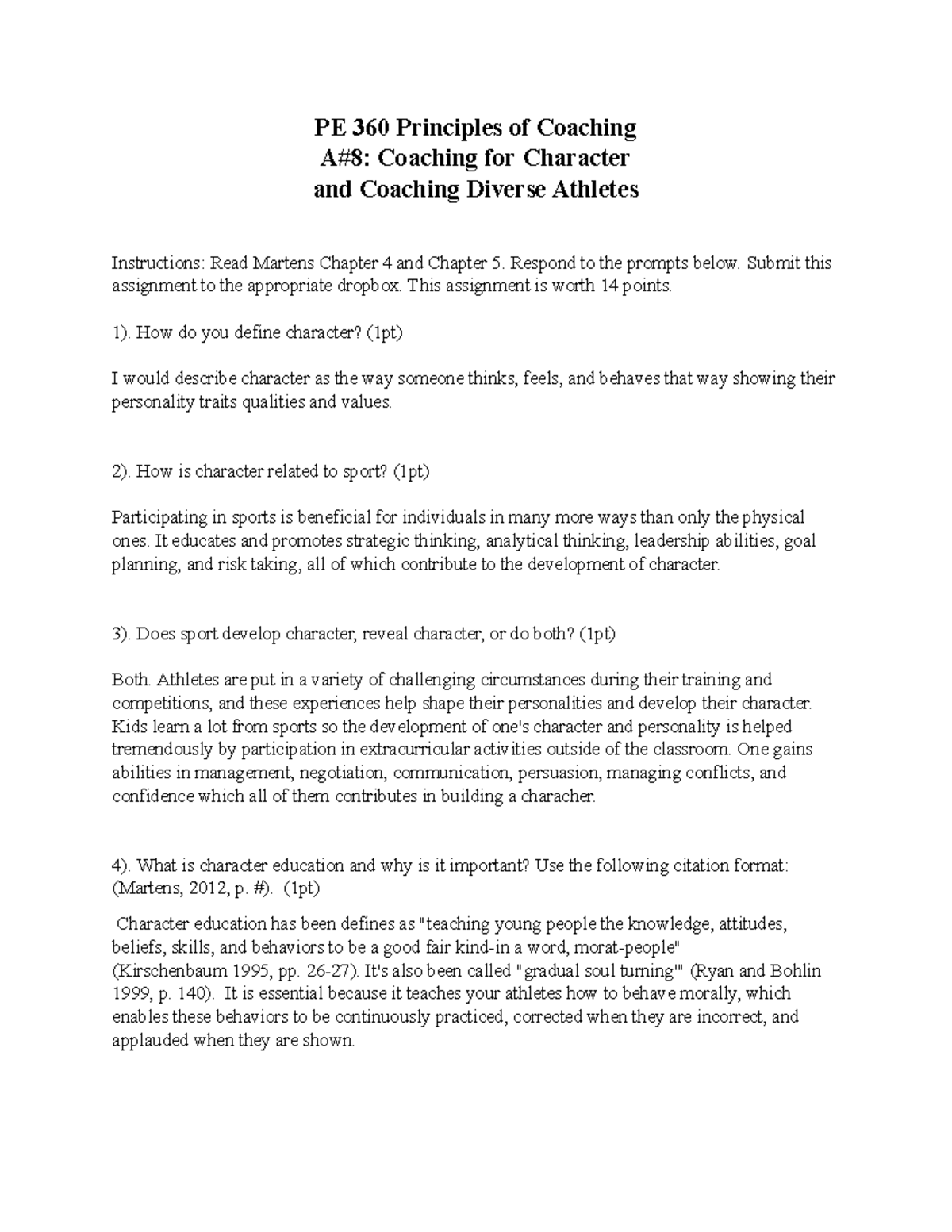A#8 Coaching for Character - PE 360 Principles of Coaching A#8 ...