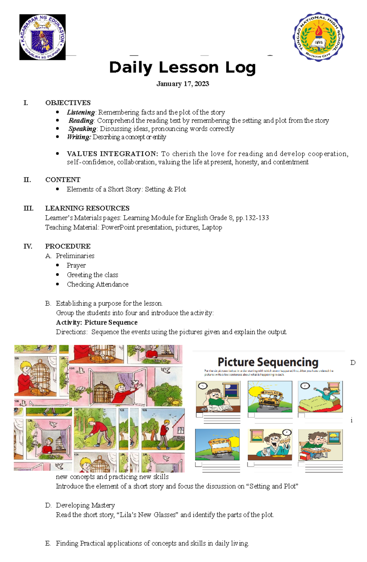 Daily Lesson Log.elements od story - Daily Lesson Log January 17, 2023 ...