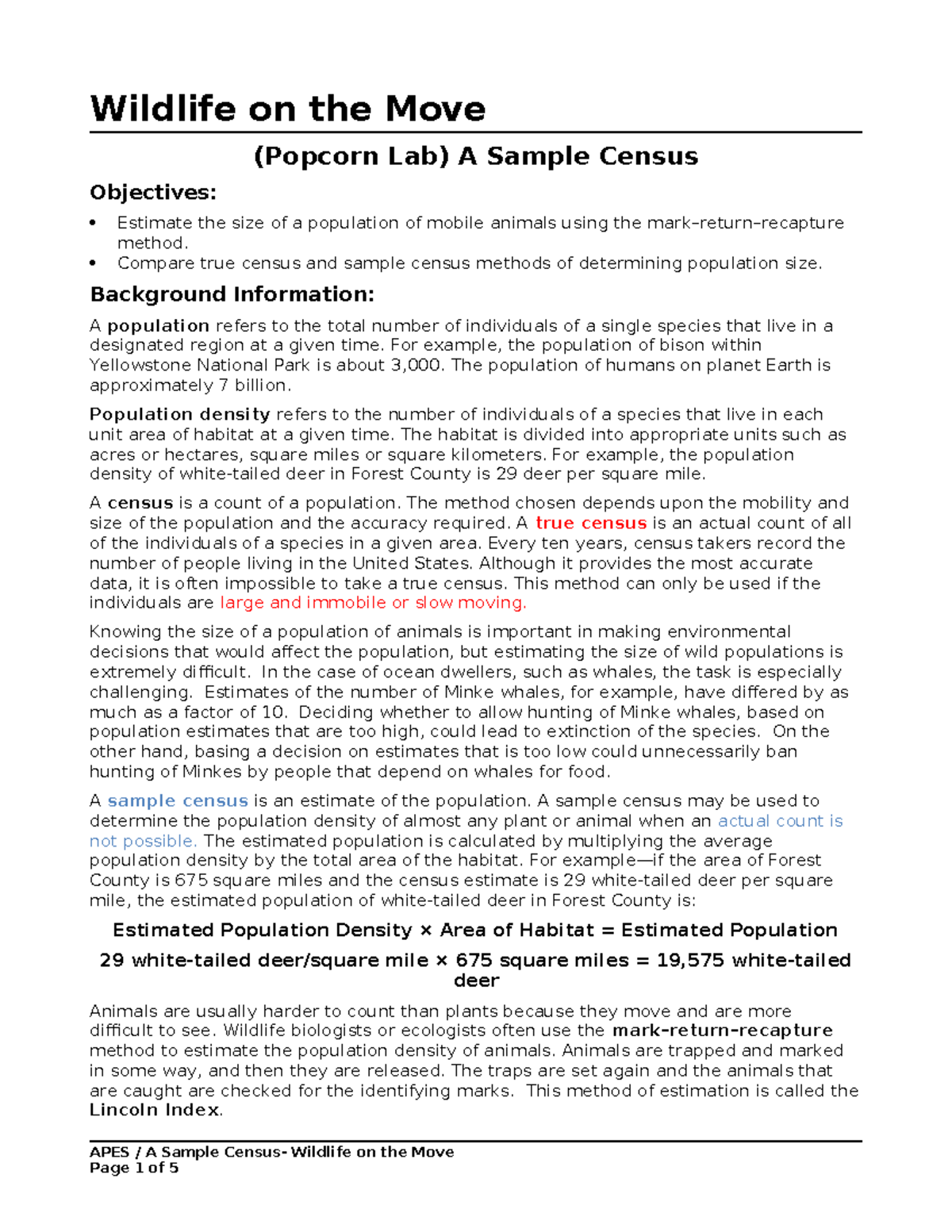 Popcorn Lab- Sample Census - Wildlife on the Move (Popcorn Lab) A ...