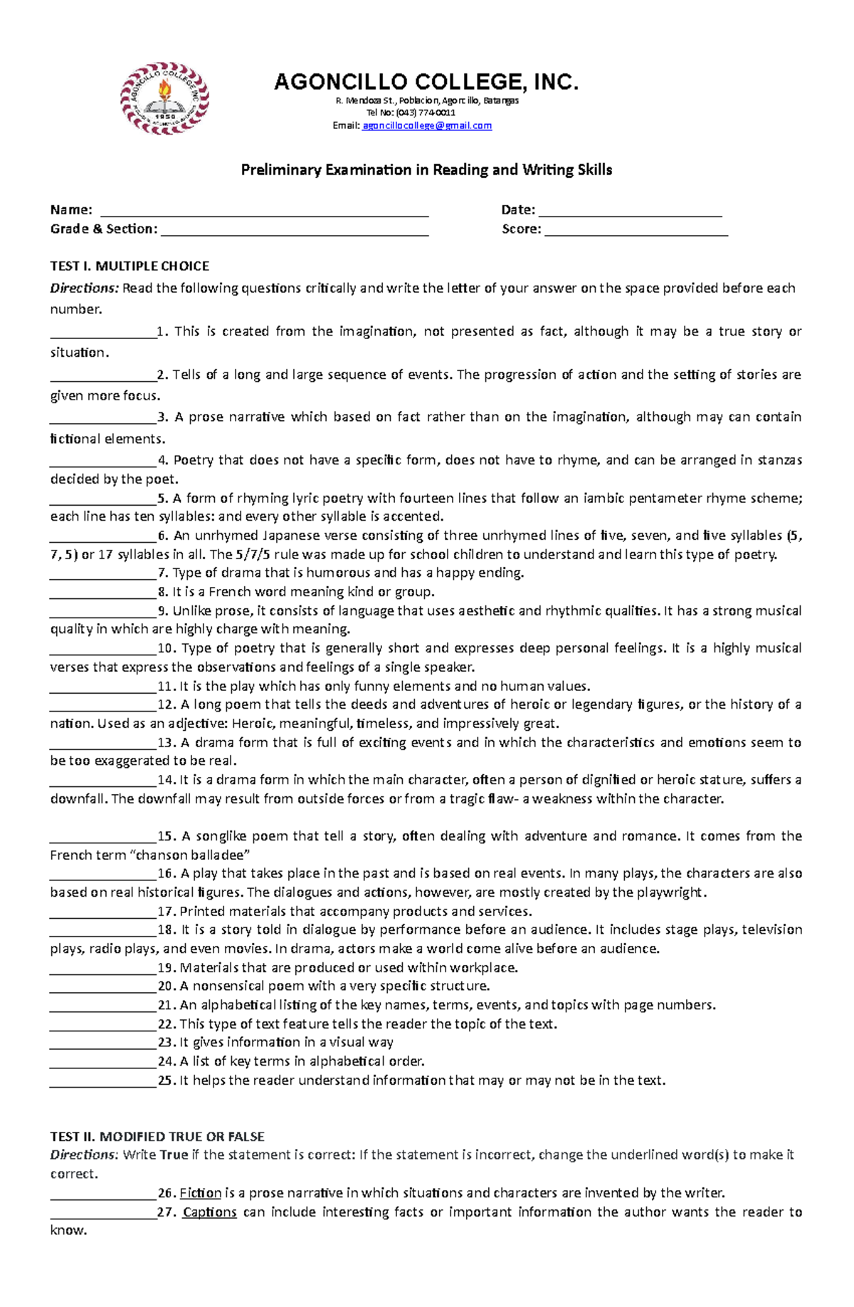 Preliminary Examination IN Reading AND Writing - AGONCILLO COLLEGE, INC ...