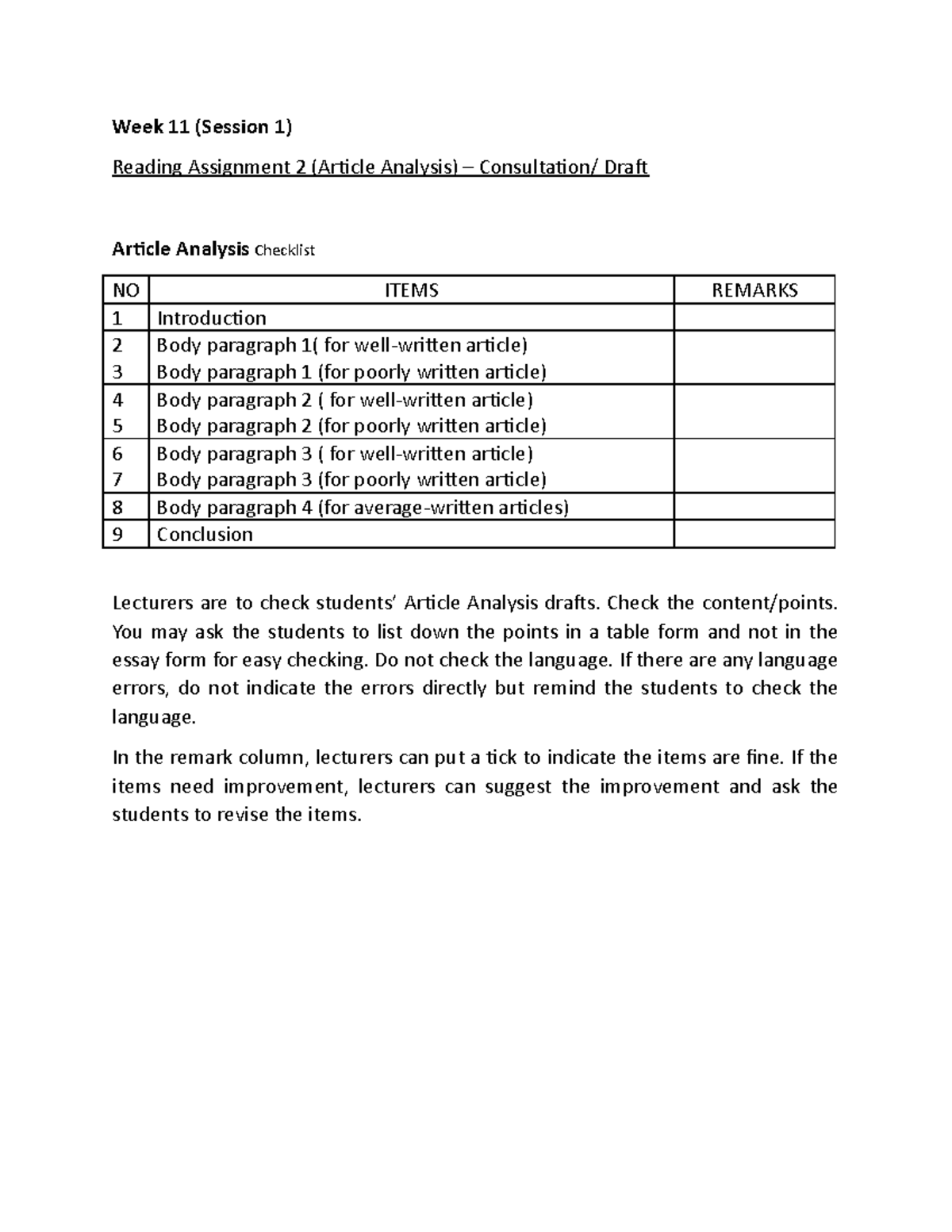 Week 11 (Session 1) Article Analysis Checklist - Week 11 (Session 1) Reading Assignment 2 ...