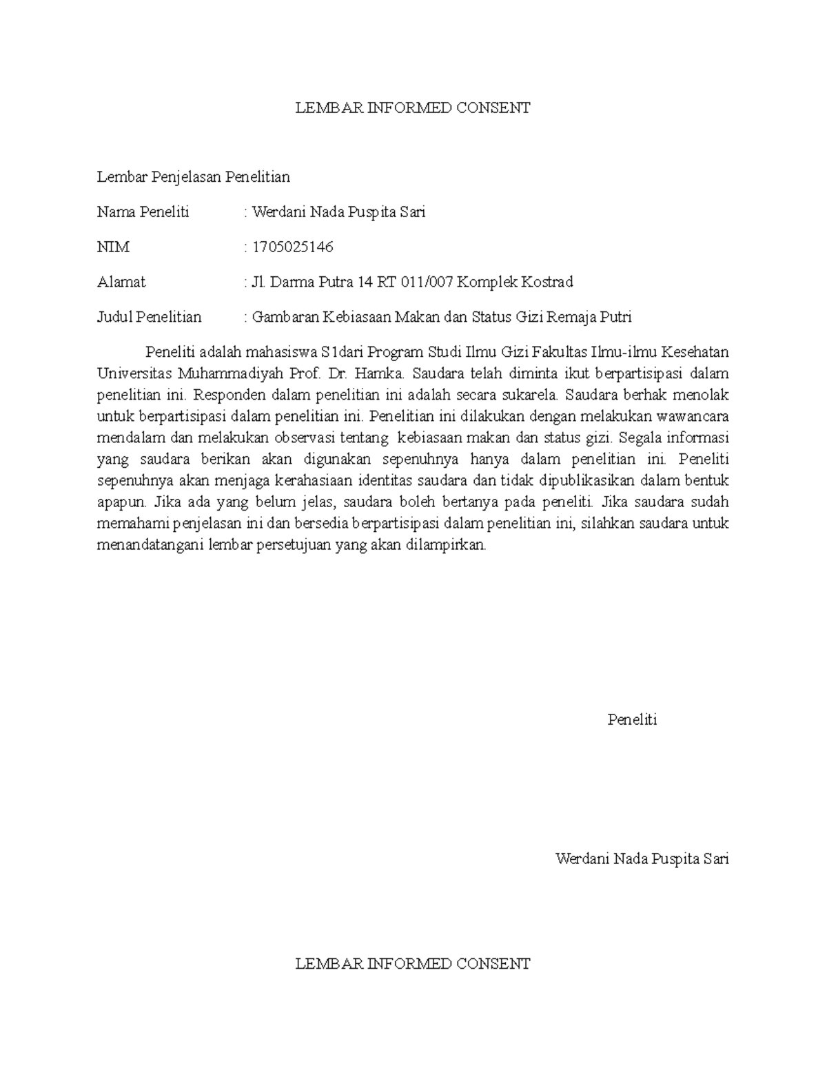 Lembar Informed Consent - LEMBAR INFORMED CONSENT Lembar Penjelasan ...