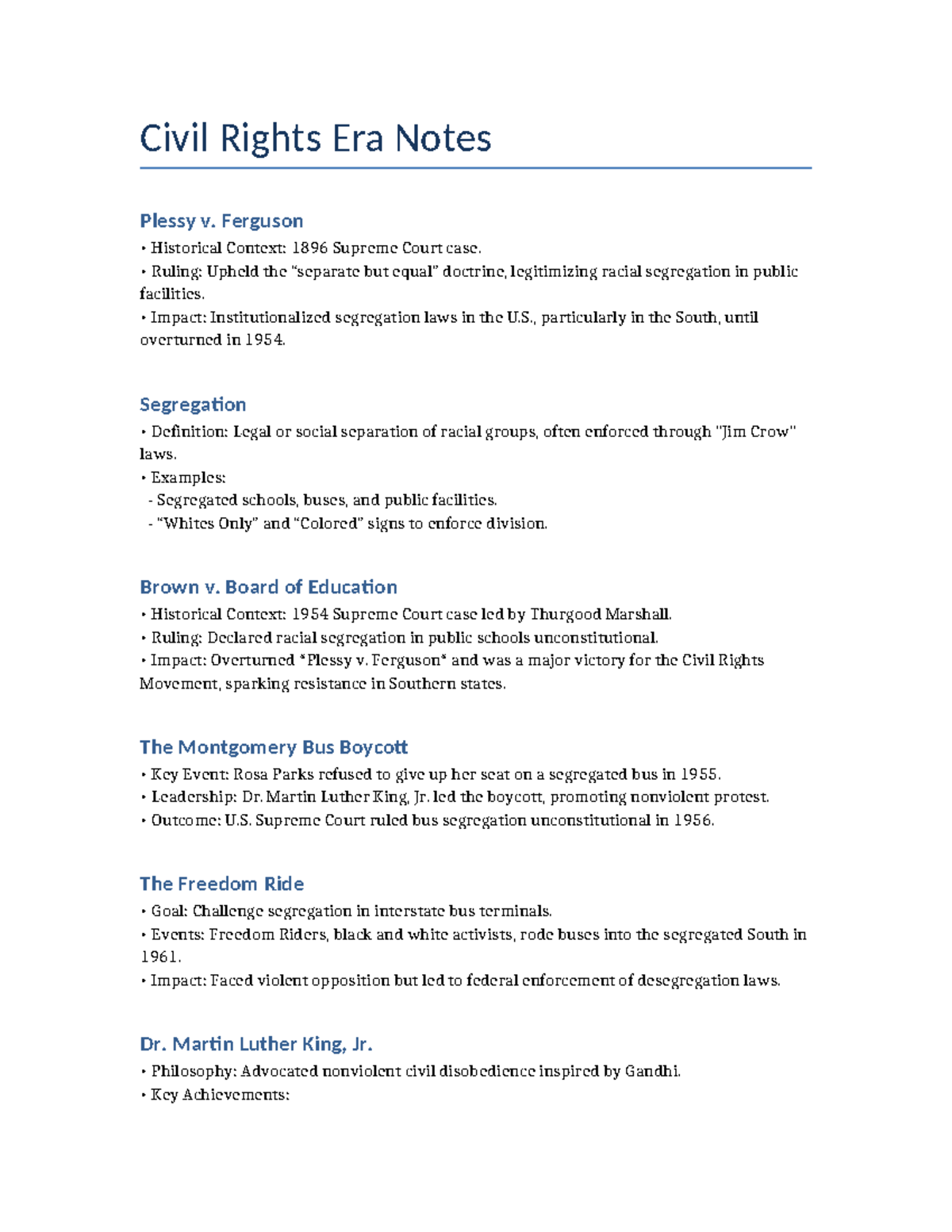 Civil Rights Era Notes - Civil Rights Era Notes Plessy v. Ferguson ...