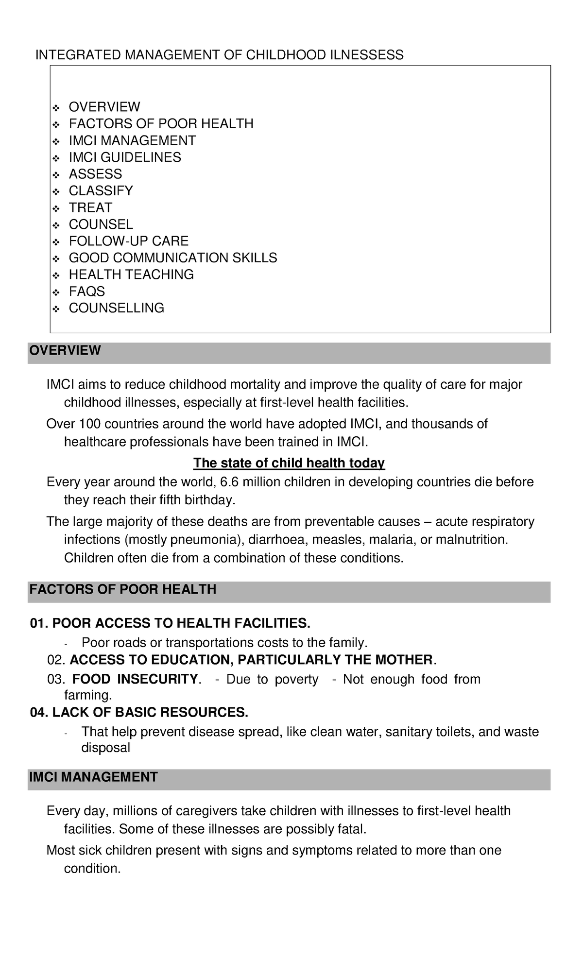 Factors OF POOR Health - summary - INTEGRATED MANAGEMENT OF CHILDHOOD ...