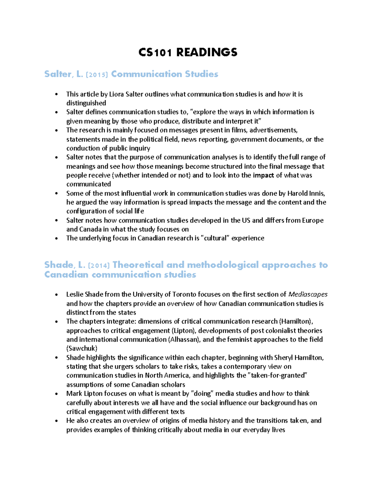 CS101 Readings - CS 101 READINGS Salter, L. (2015) Communication ...