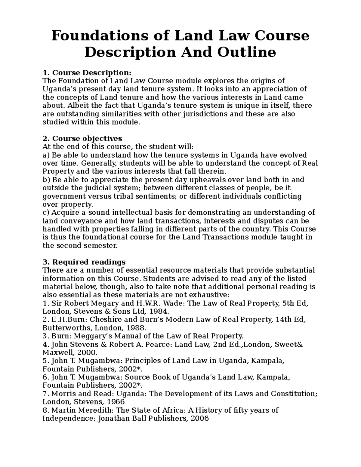 Foundations OF LAND LAW course outline - Foundations of Land Law Course ...