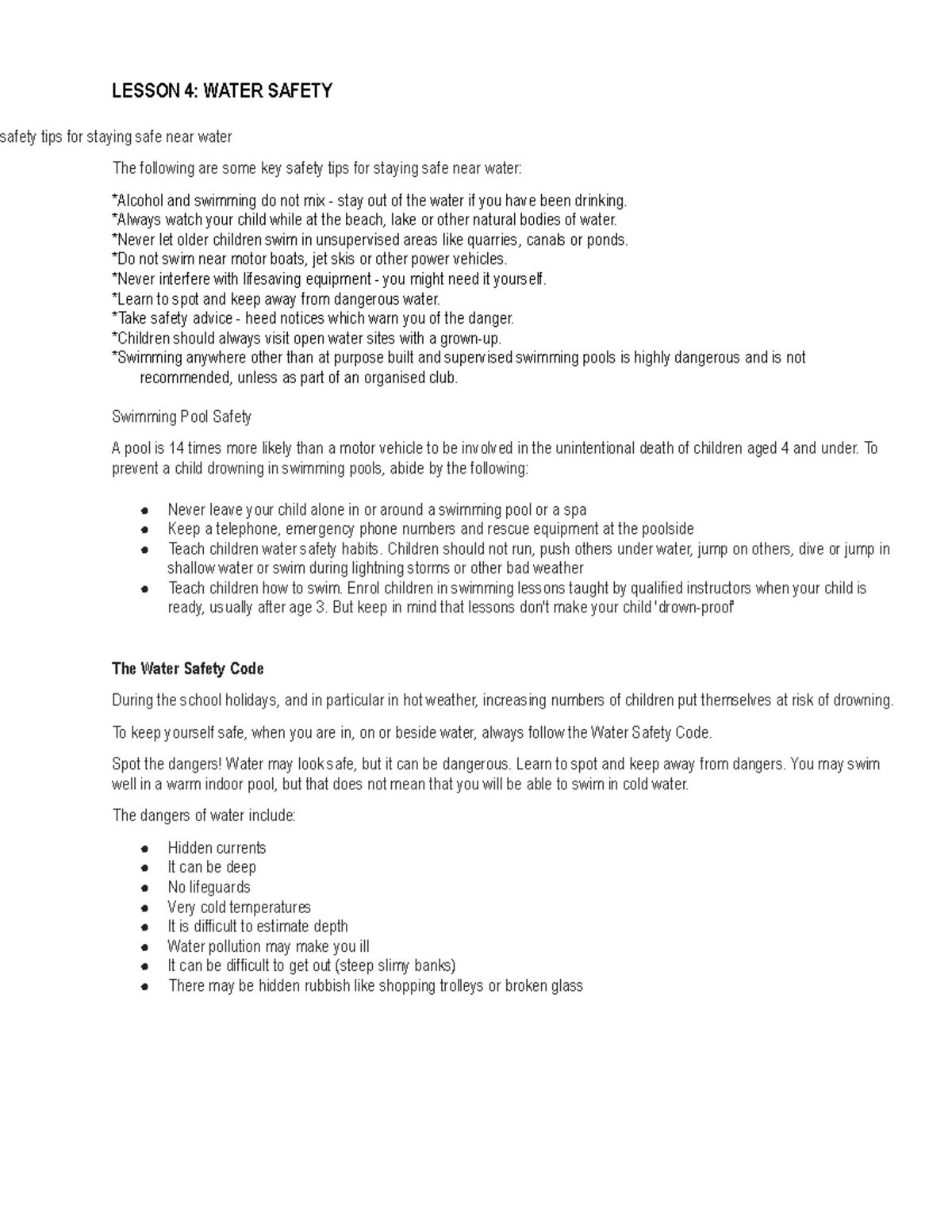 Lesson 4 - Water Safety - LESSON 4: WATER SAFETY safety tips for ...