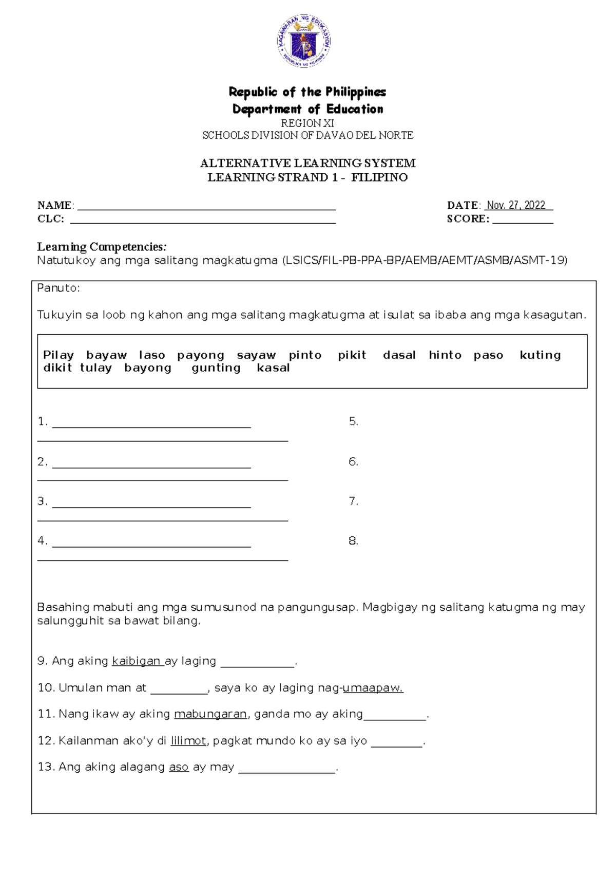 Learning Activity Sheets for Filipino - Republic of the Philippines ...