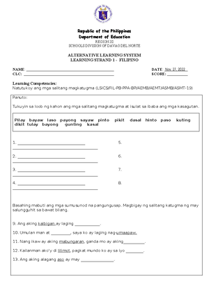 Learning Activity Sheets in JHS for Filipino Subject - Republic of the ...