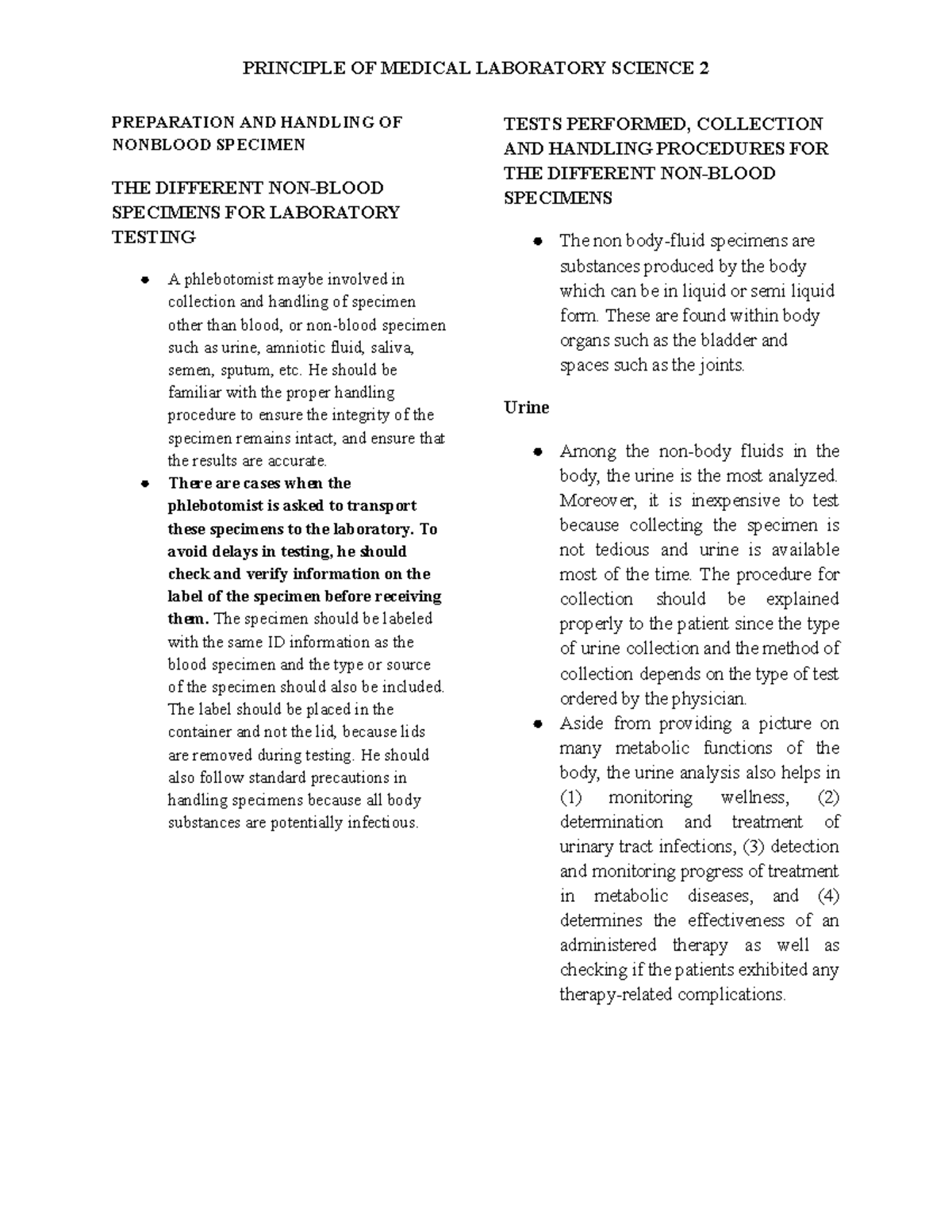 Preparation AND Handling OF Nonblood Specimen Reviewer - PREPARATION ...