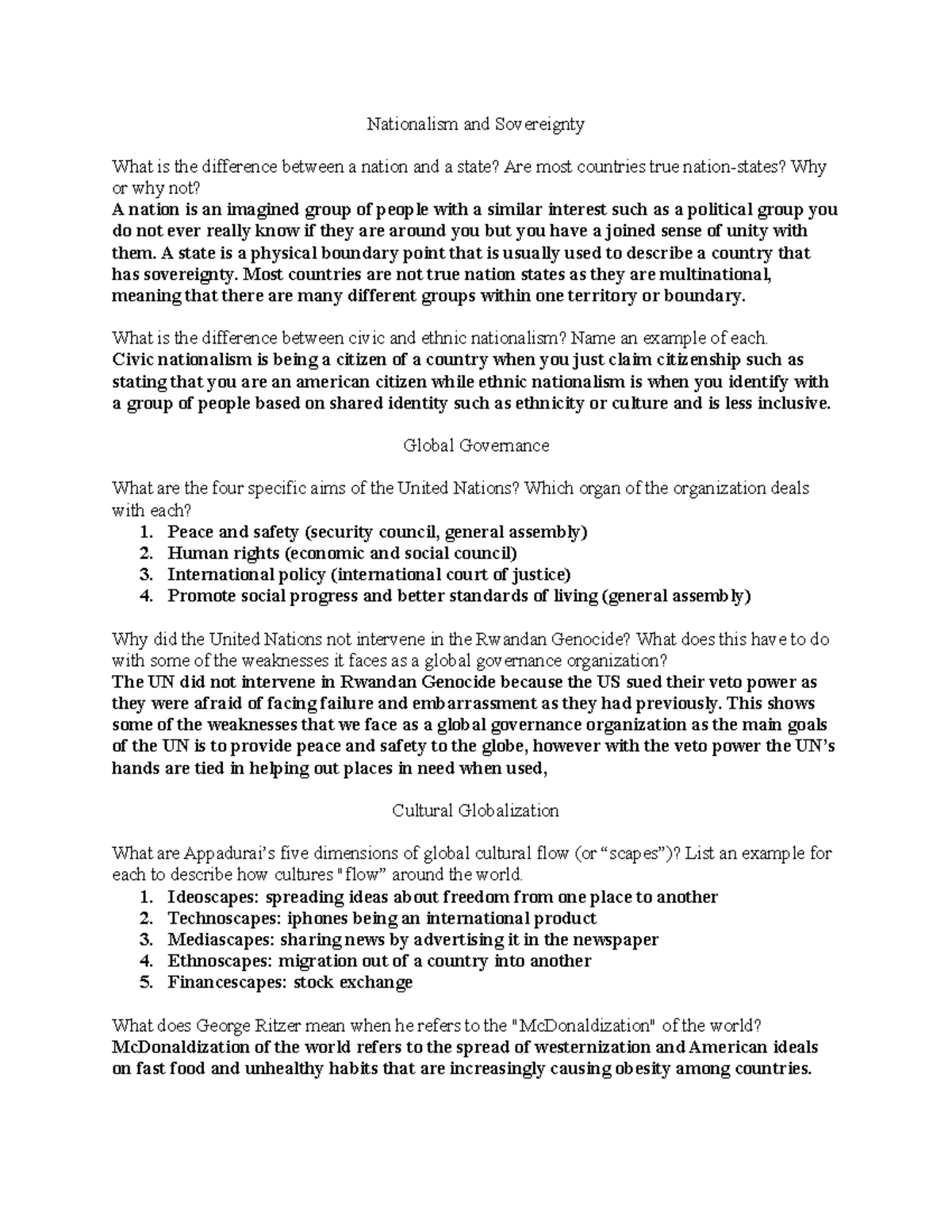 Sample Final Exam Short Responses - Nationalism and Sovereignty What is ...