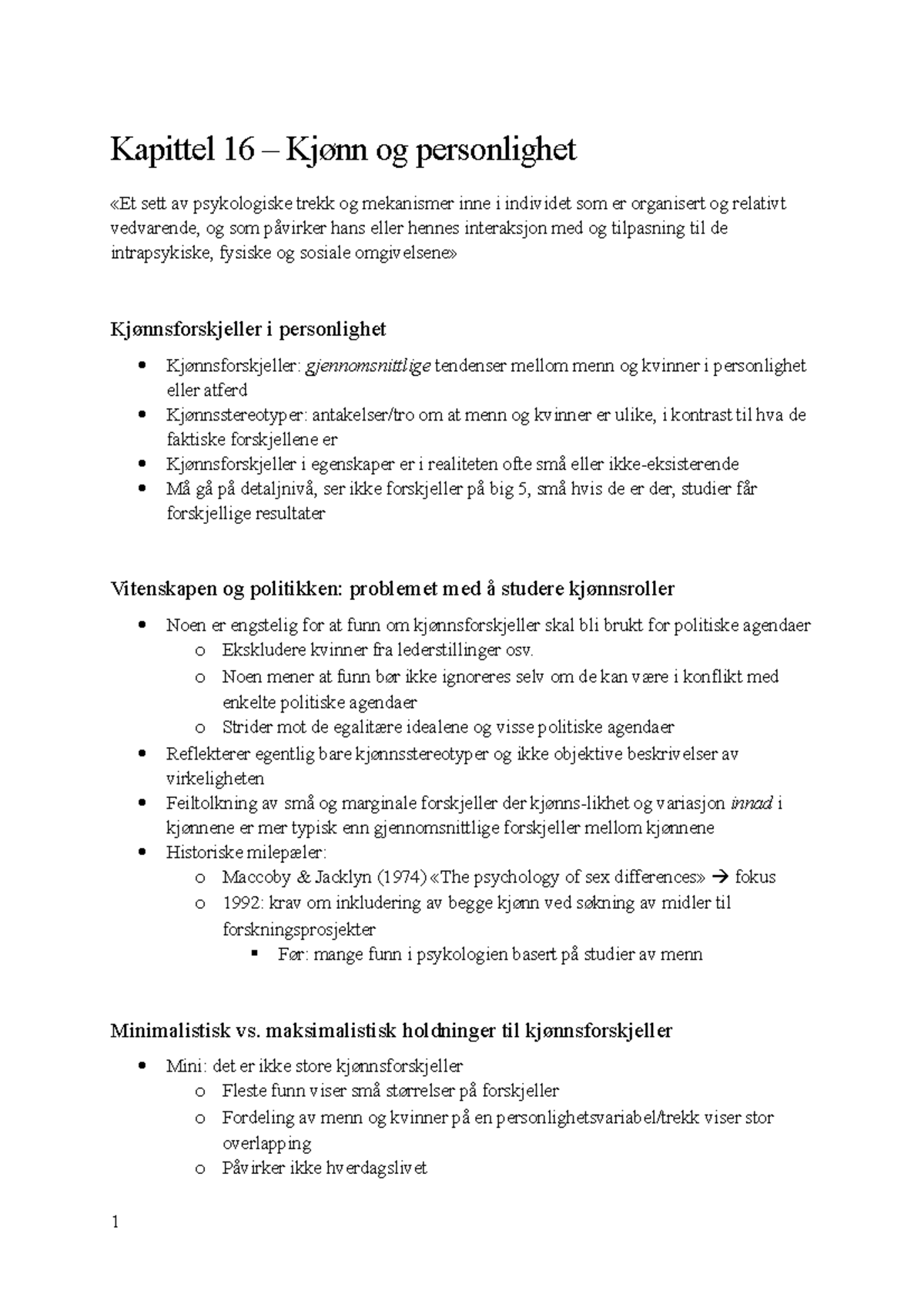 Kapittel 16 – Kjønn og personlighet - Kapittel 16 og personlighet sett av psykologiske trekk og ...